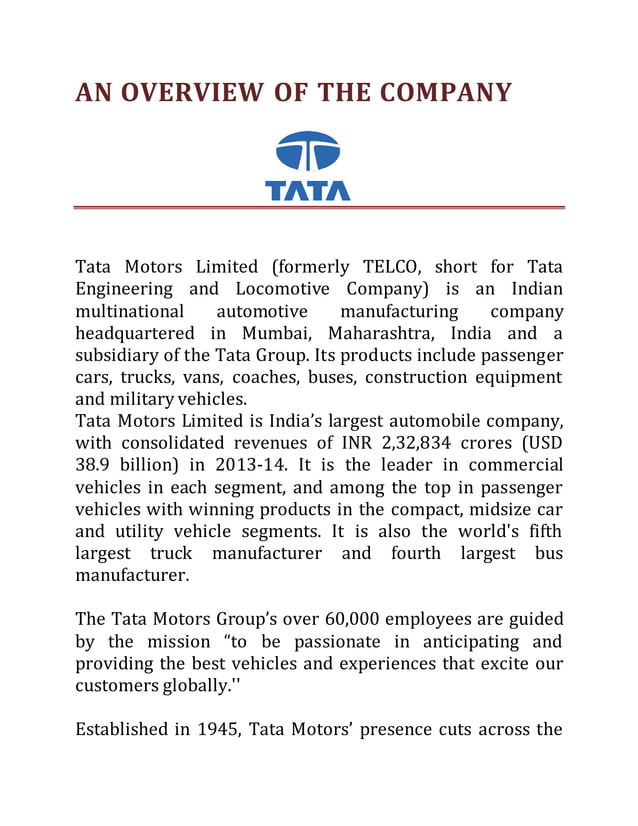 Tata motors project | DOCX | Asia Travel | Travel Locations