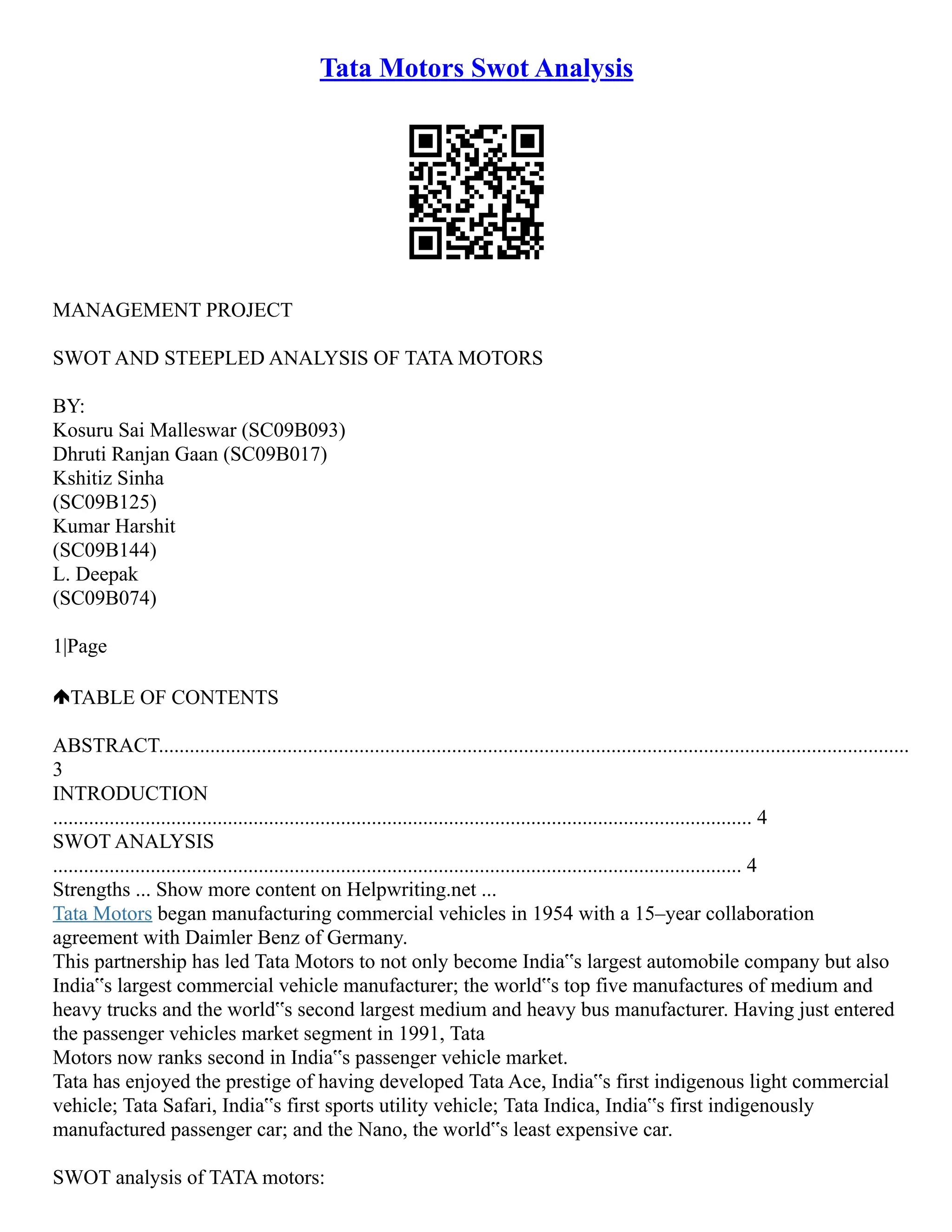 Tata Motors Swot Analysis | PDF