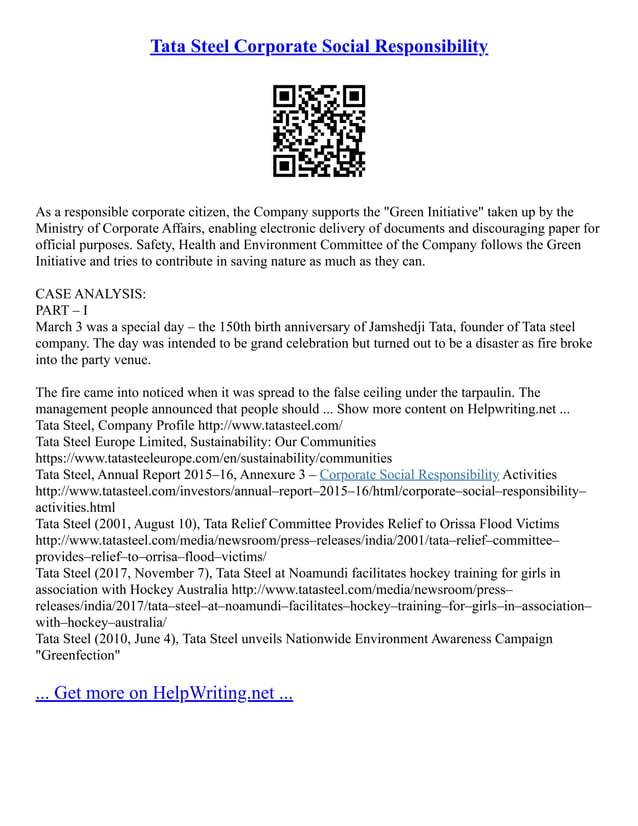 Tata Steel Corporate Social Responsibility | PDF | Mergers and ...