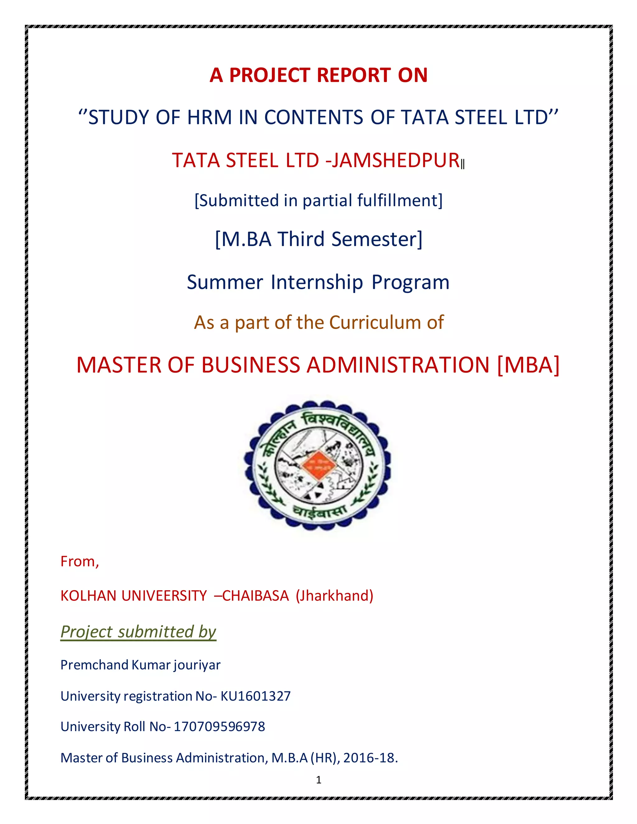 Tata steel summer internship projeect | DOCX