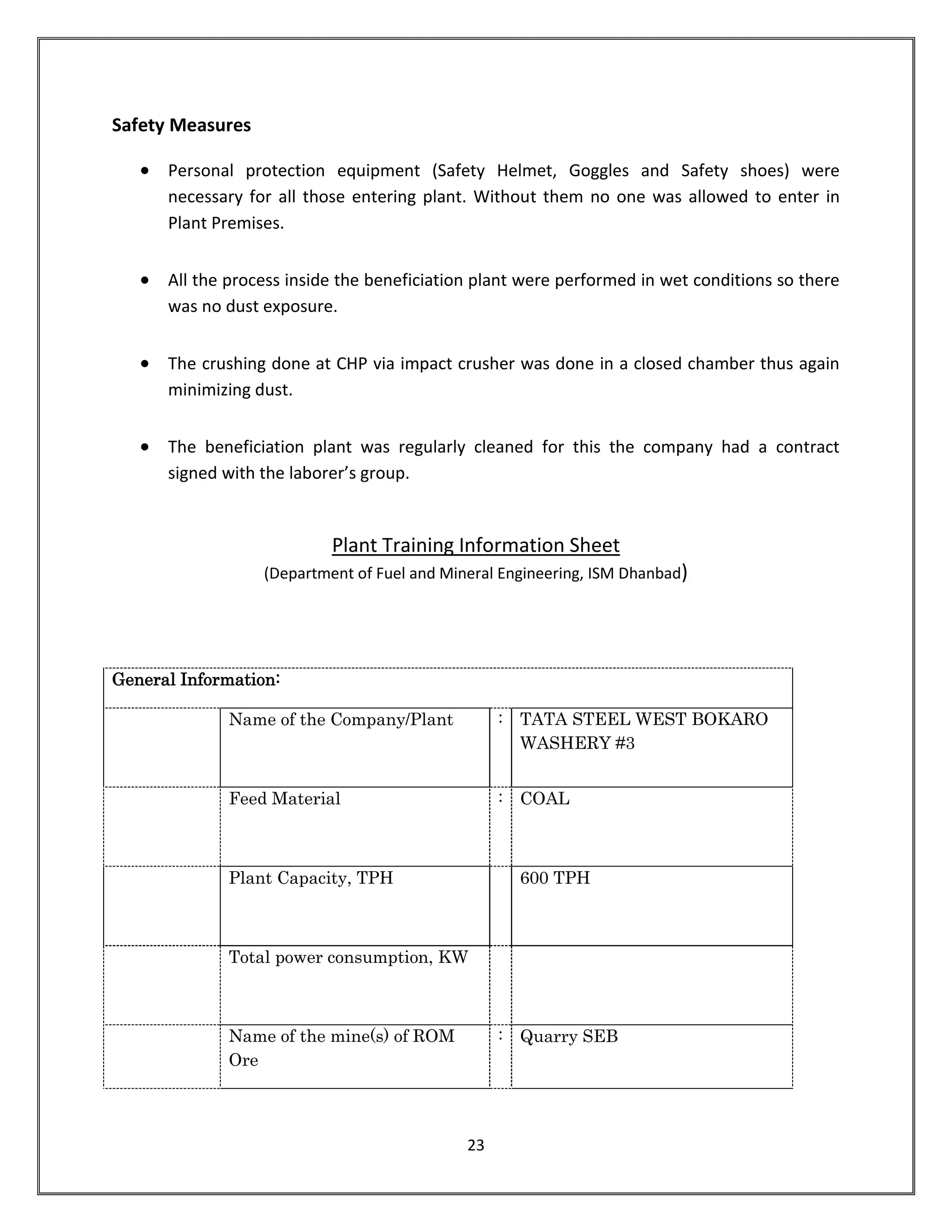 Tata steel west bokaro washery #3 report | PDF