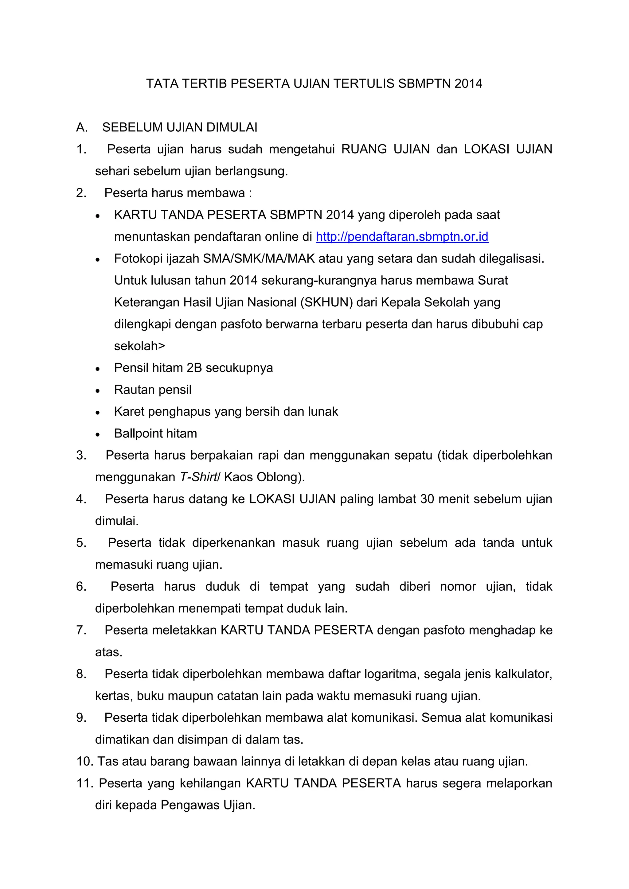 Tata tertib peserta ujian tertulis sbmptn 2014 | DOCX