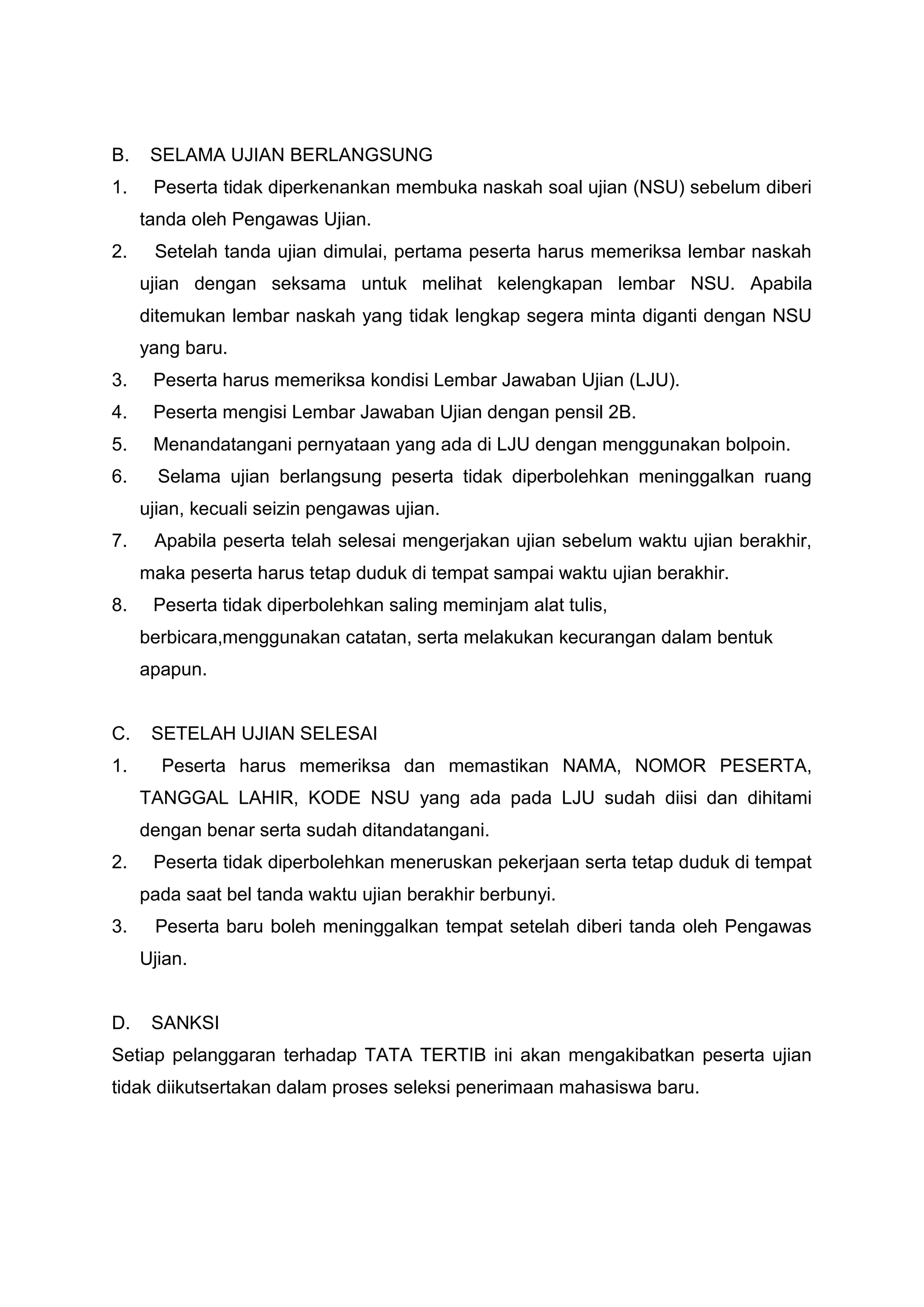 Tata tertib peserta ujian tertulis sbmptn 2014 | DOCX