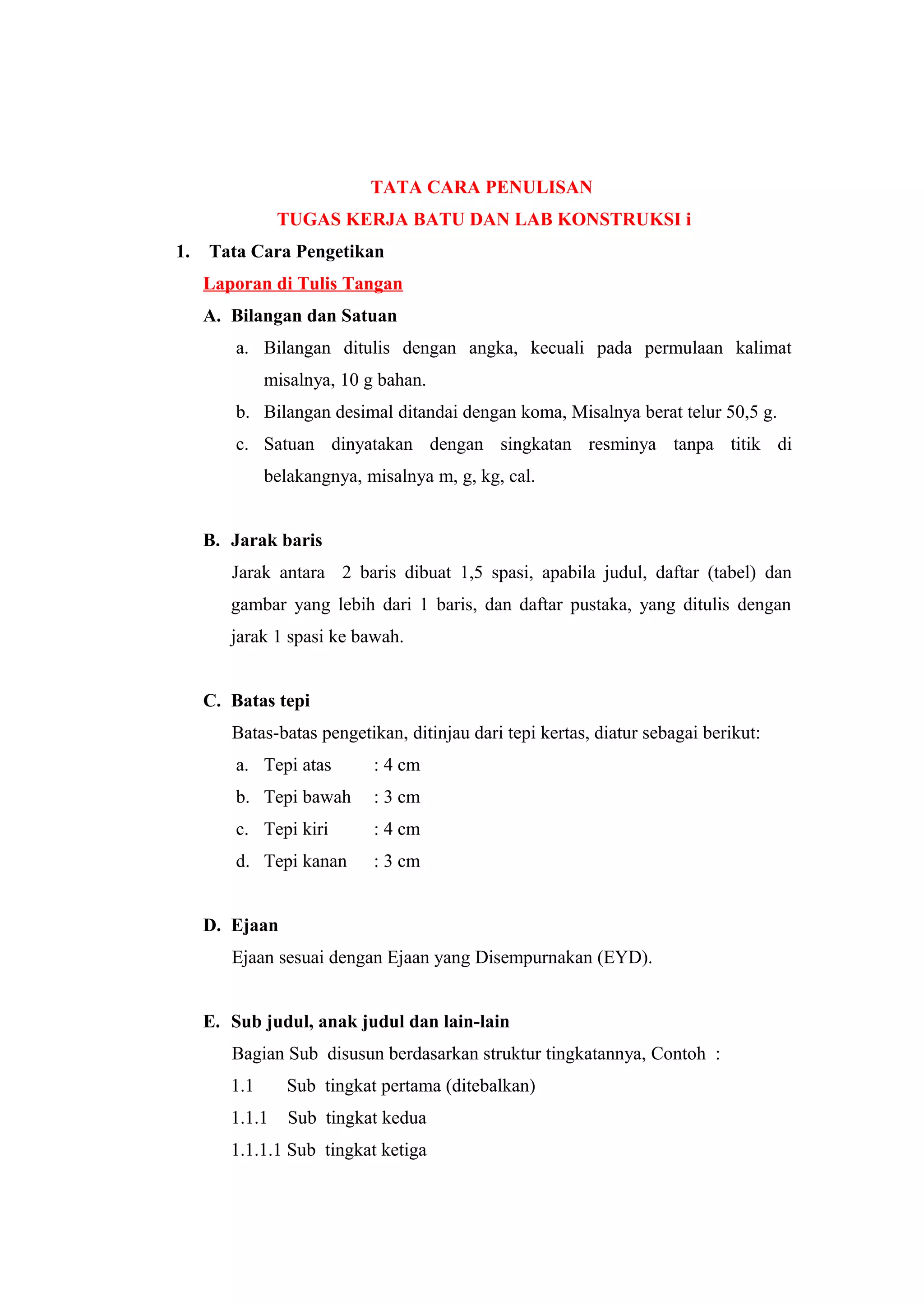 Tata tulis laporan kerja batu & lab konstruksi I | DOC