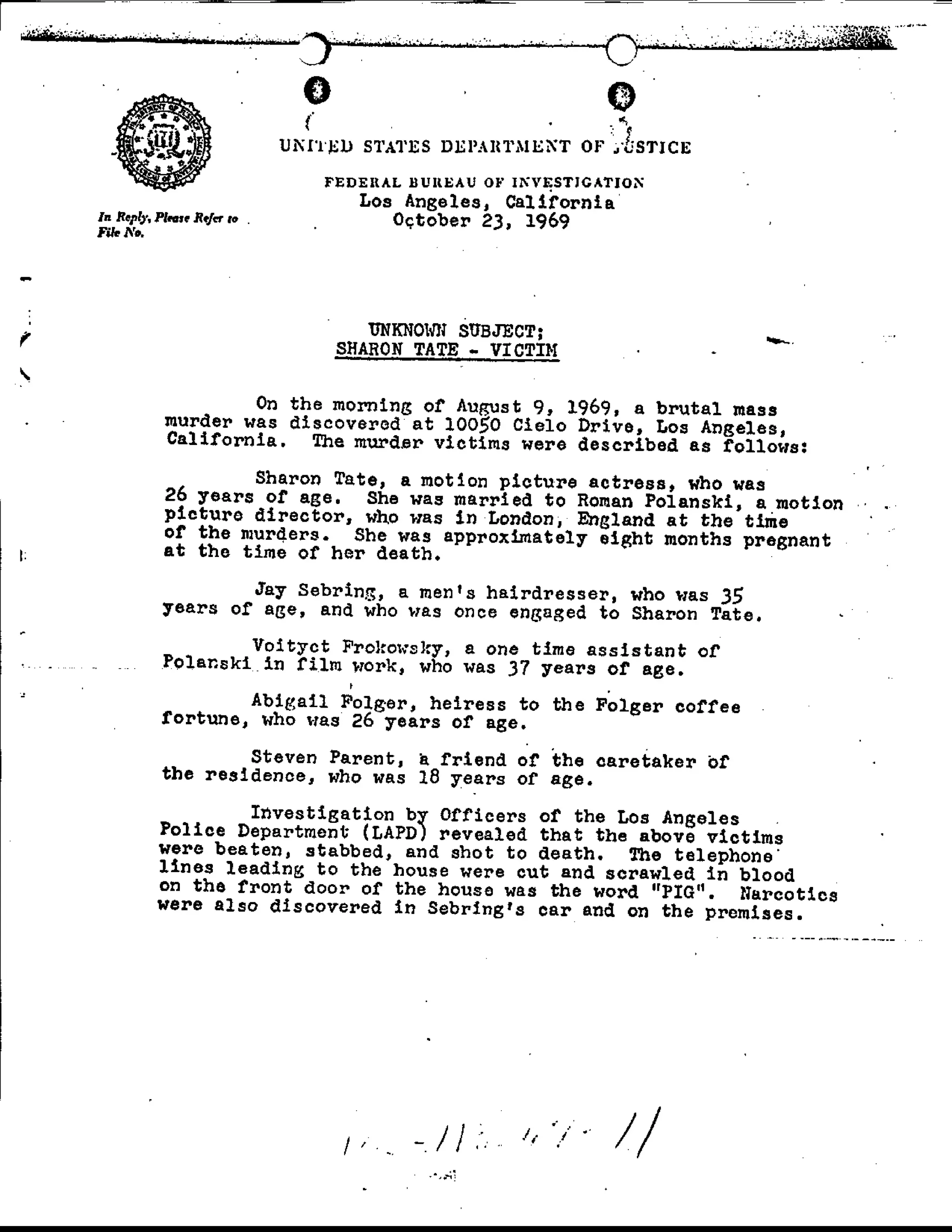 Manson Family Murders FBI Files Part 1 | PDF