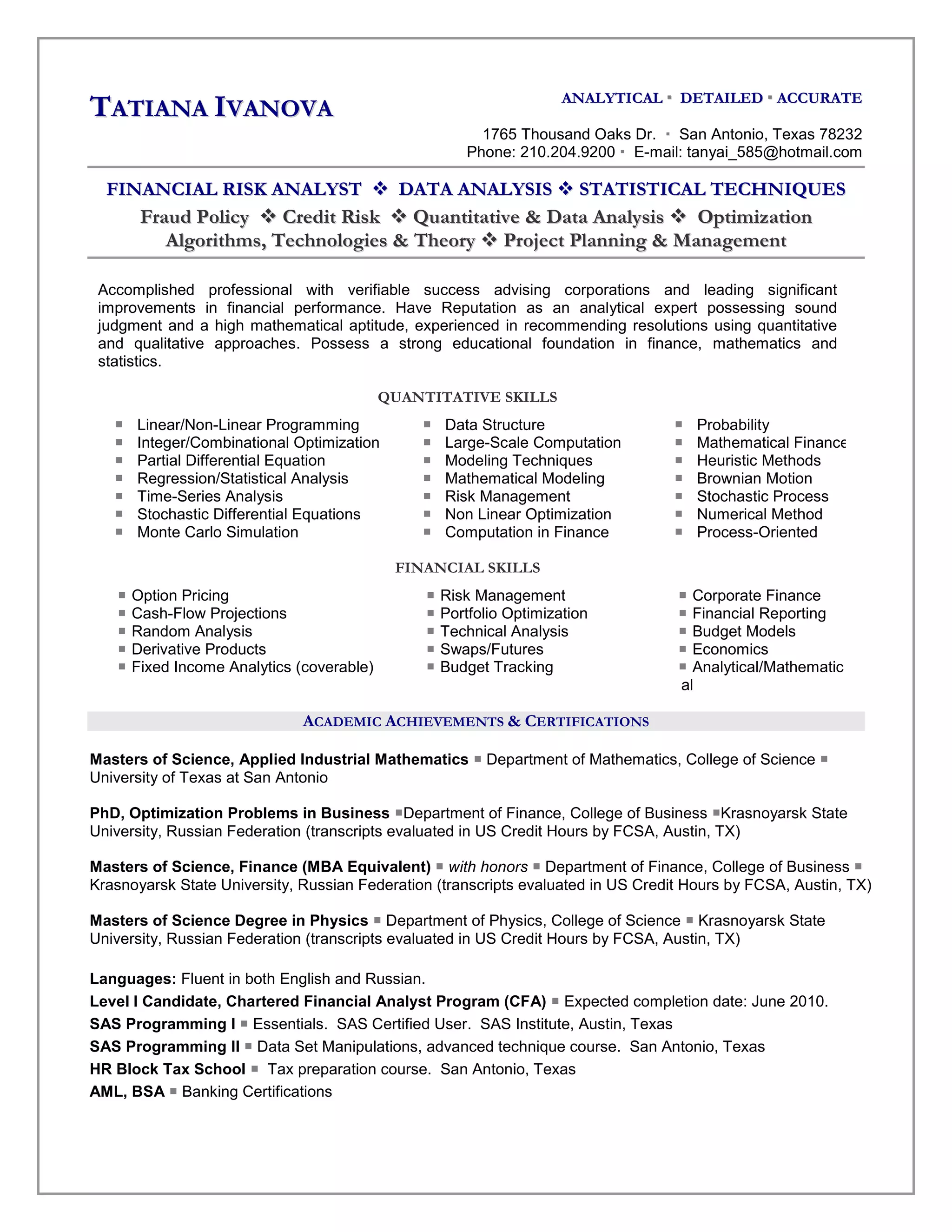 Tatiana Ivanova Resume (2010) | PDF