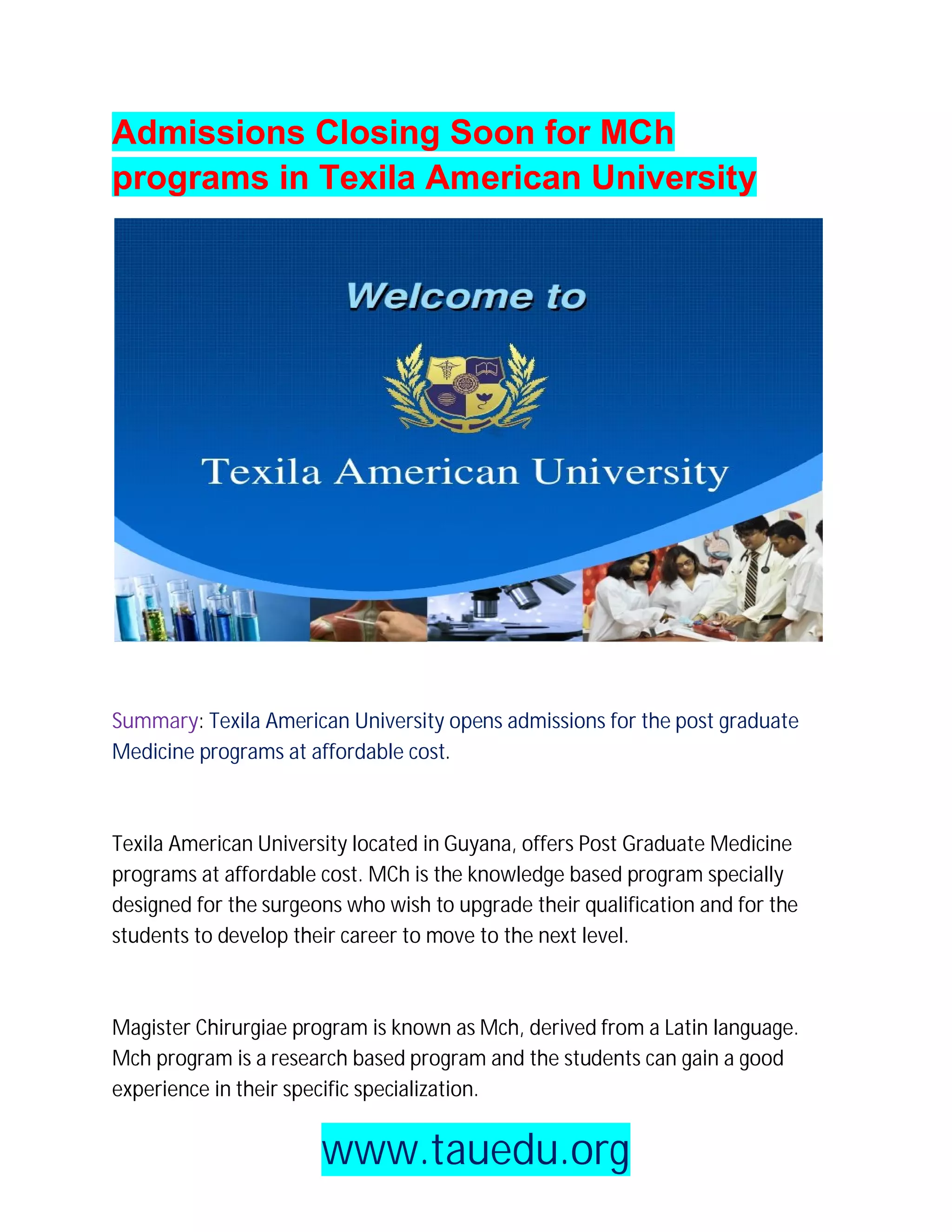 Admissions Closing Soon for MCh programs in Texila American University ...