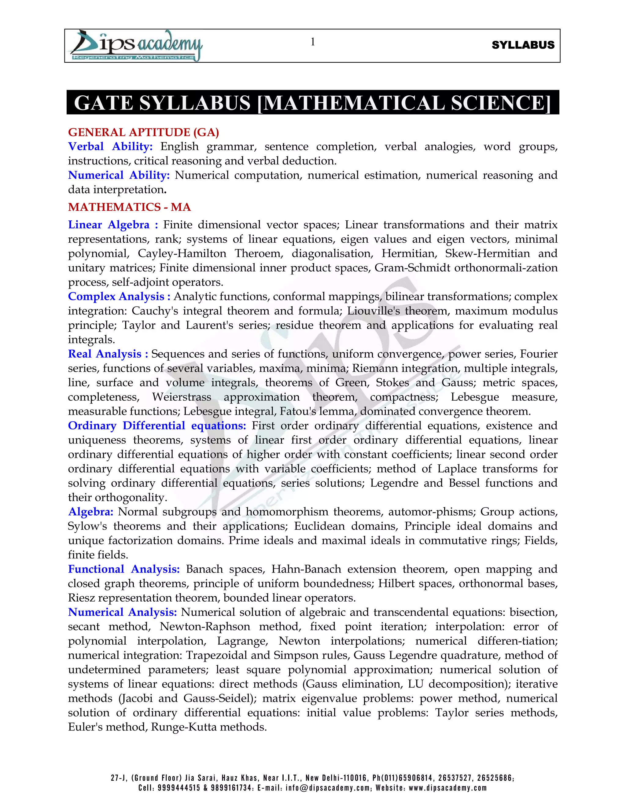 DOWNLOADS GATE Syllabus - Dips Academy: Regenerating Mathematics | PDF
