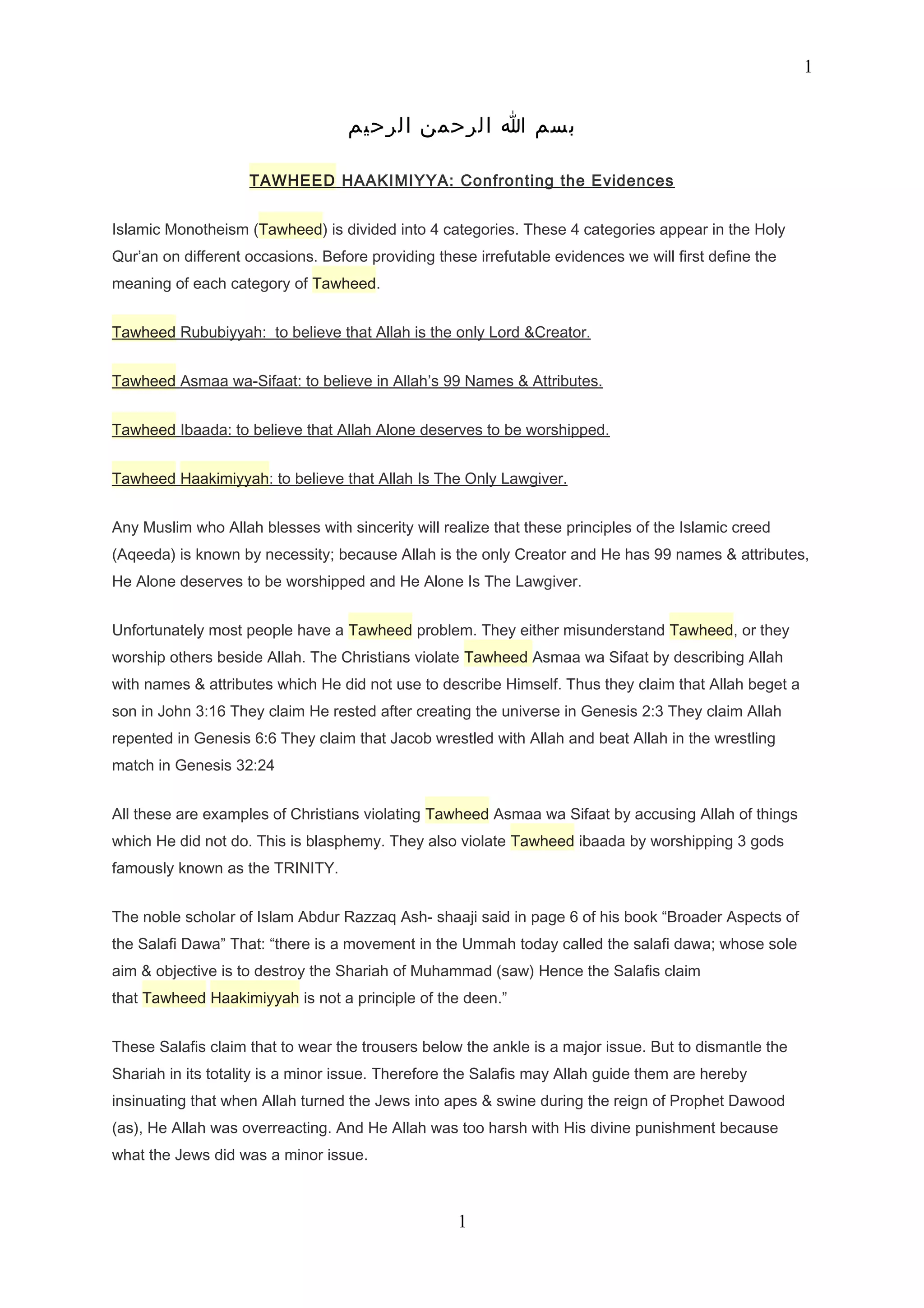 Tawheed Haakimiyya Confronting The Evidences | PDF