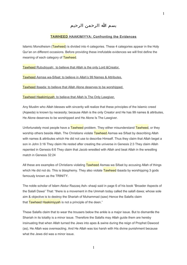 Tawheed Haakimiyya Confronting The Evidences | PDF