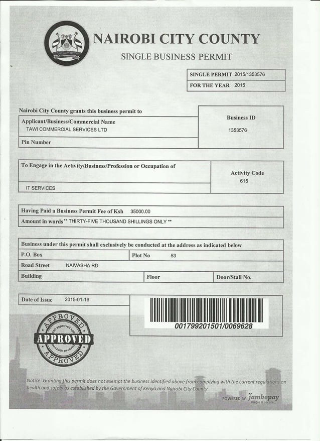 Tawi Nairobi City County License 2015 | PDF