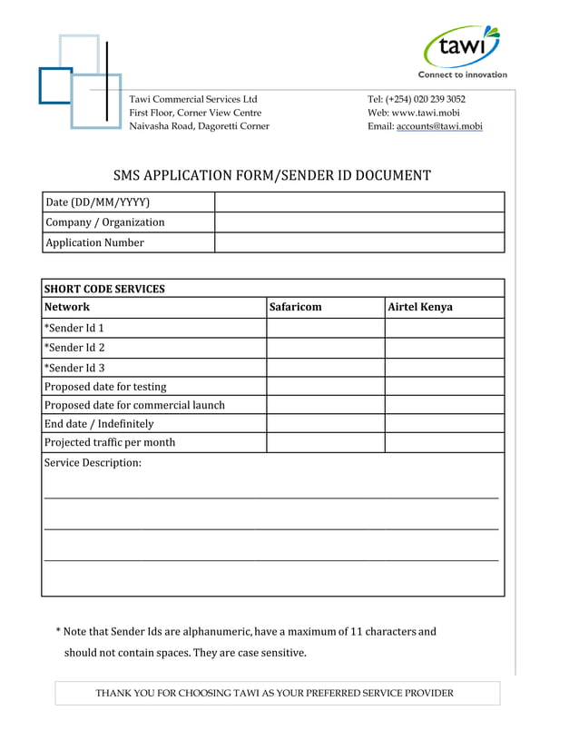 Tawi SMS Application Form - Sender Id | PDF