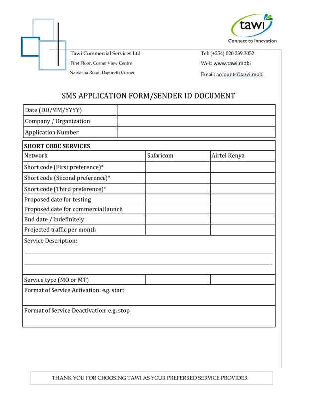 Tawi SMS Application Form - SMS Short Code | PDF