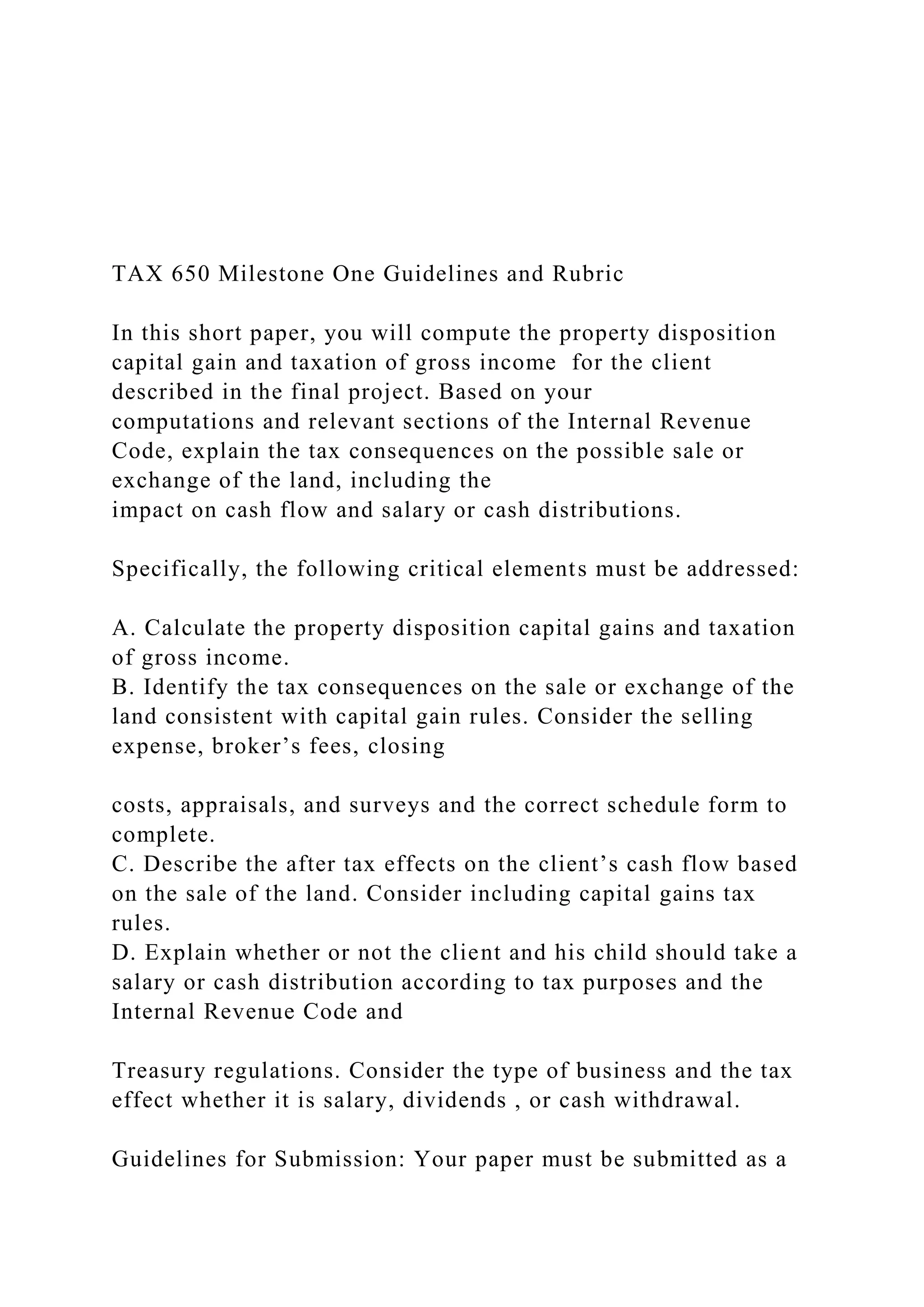 TAX 650 Milestone One Guidelines and Rubric In this sho.docx