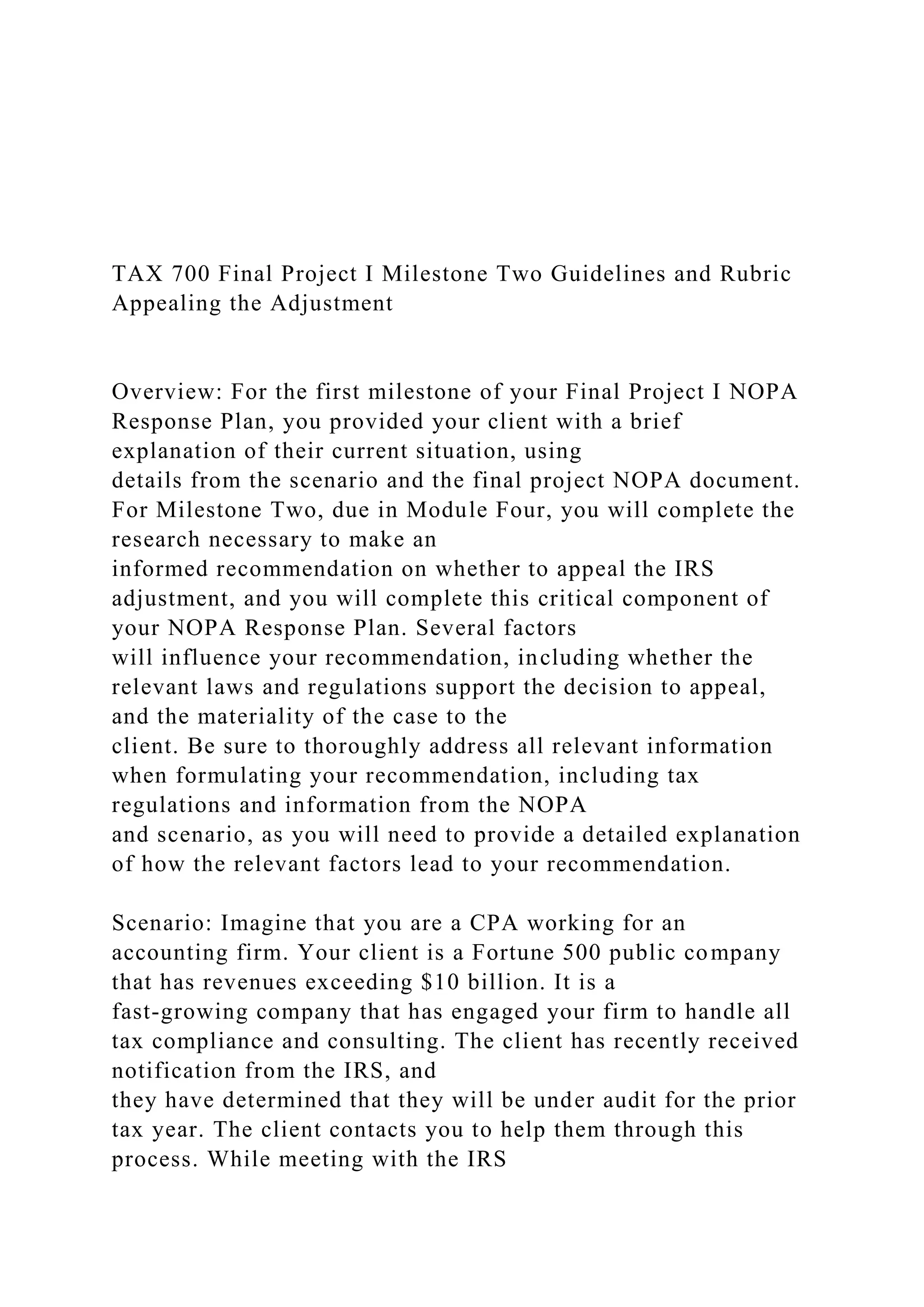 TAX 700 Final Project I Milestone Two Guidelines and Rubric .docx