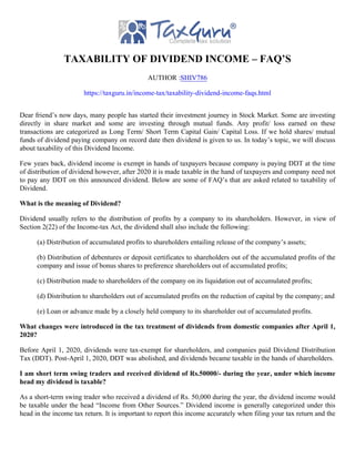 Taxability of Dividend Income FAQ’s Questions | PDF