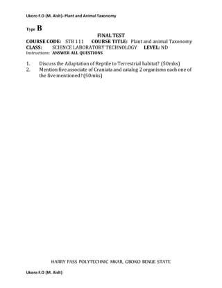 Taxonomy final assessment test for year 1 students- Ukoro Frank. | DOCX