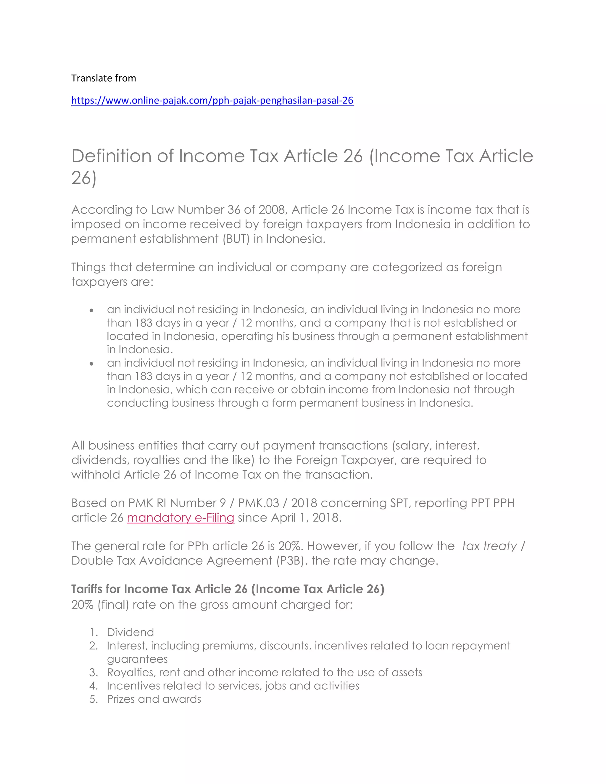 Tax article 26 (PPH 26) Indonesia | PDF