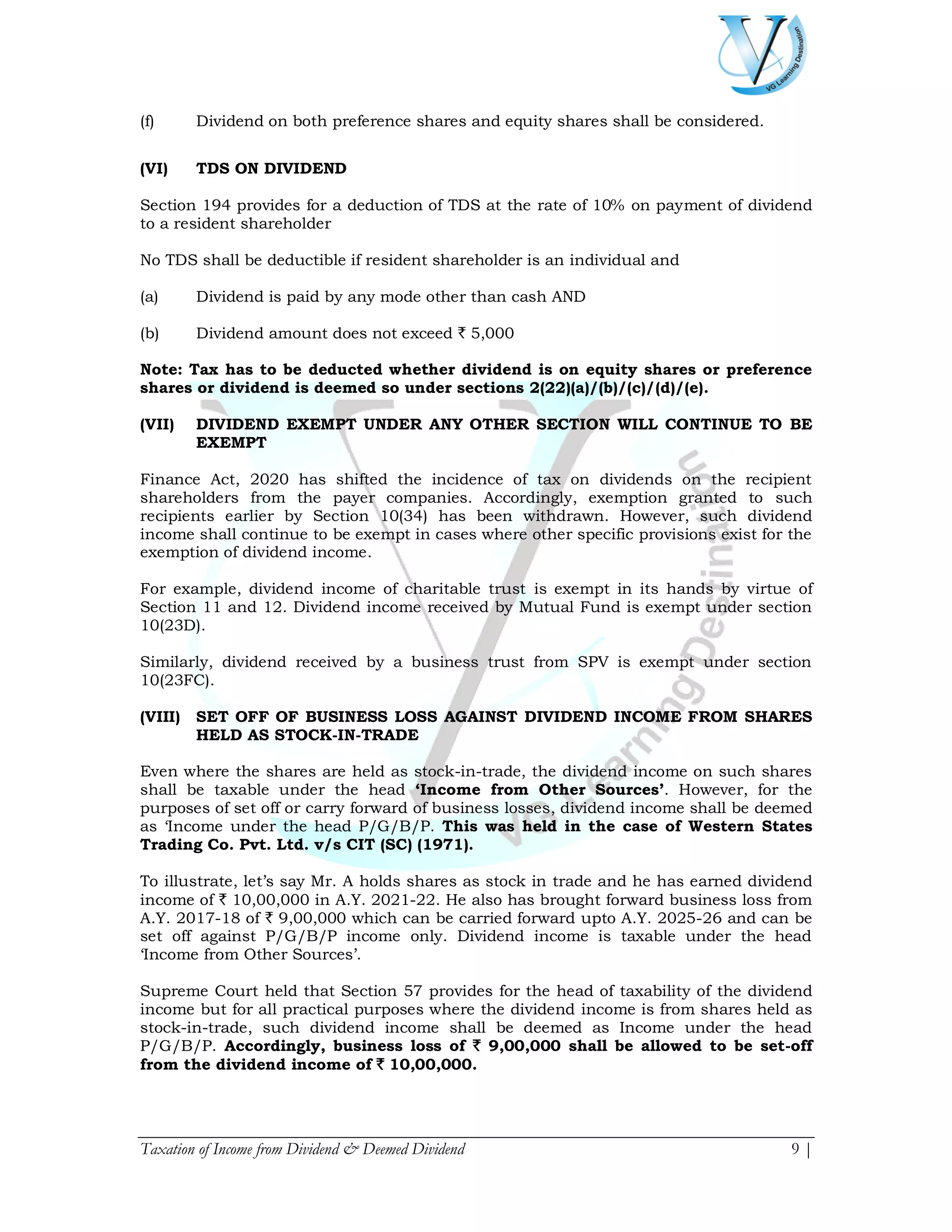 Taxation of dividend | PDF