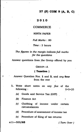 M-com Previous Year question paper ofTaxation(paper 2010) | PDF