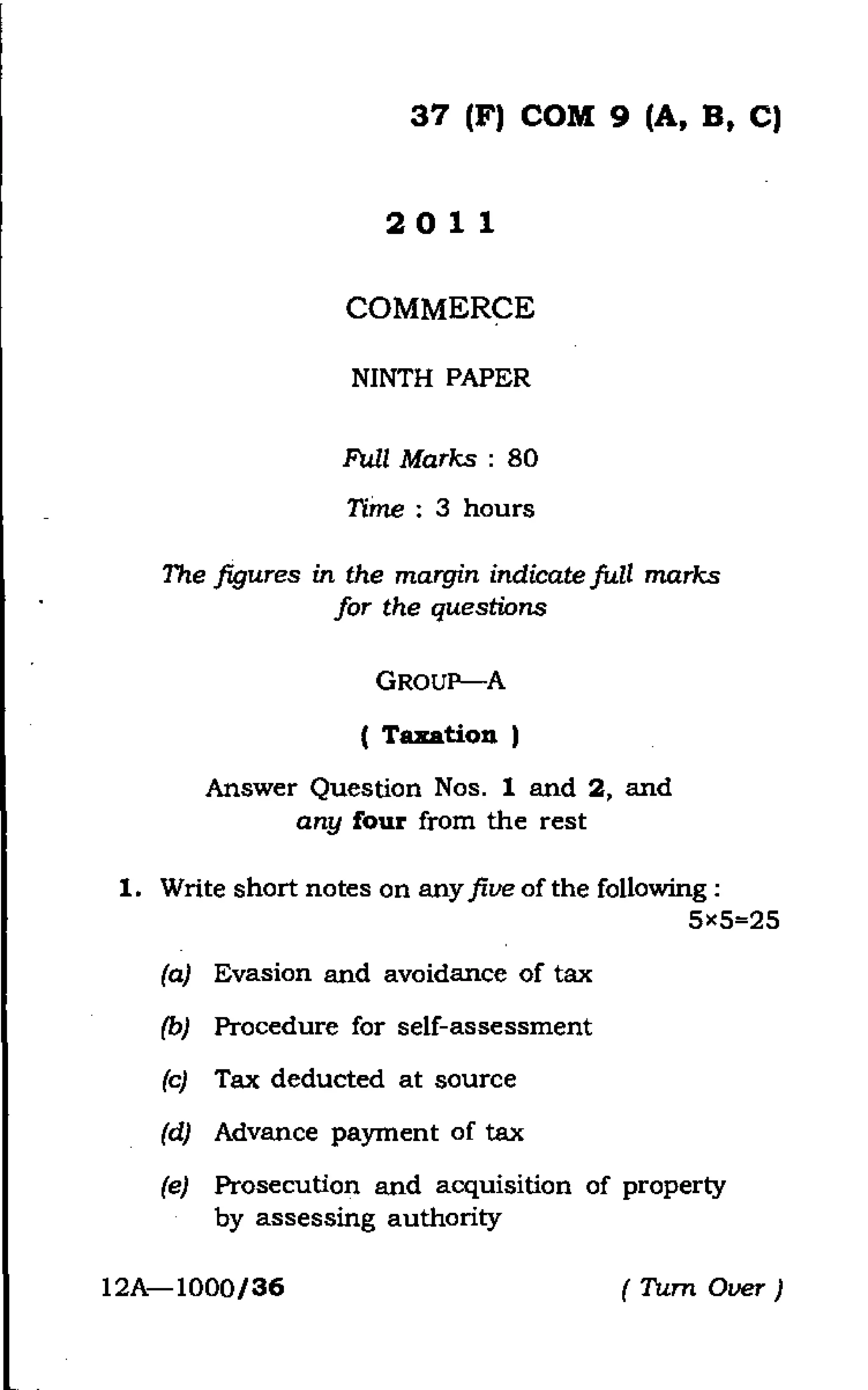 M-com Previous Year question paper of Taxation(paper 2011) | PDF