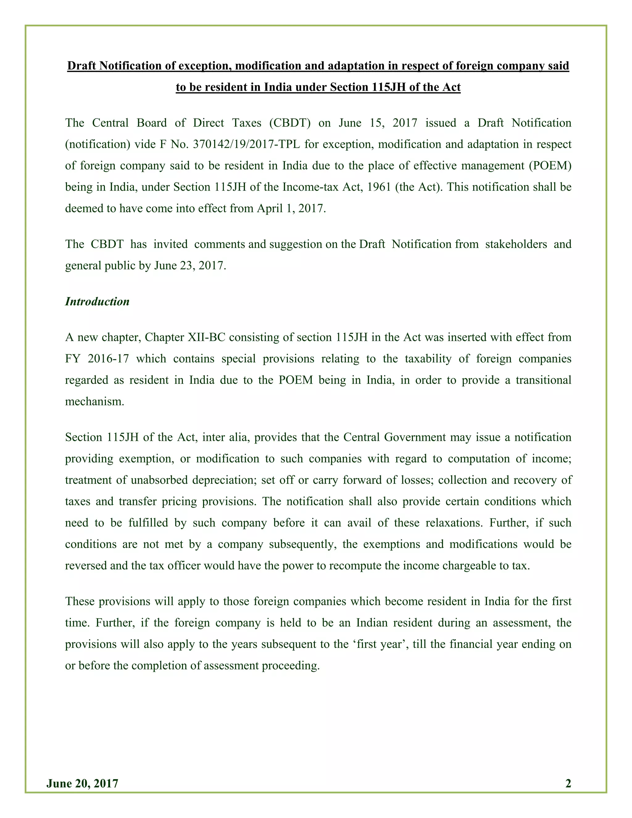 Tax Bulletin Draft Notification on POEM - Section 115JH of the Act | PDF