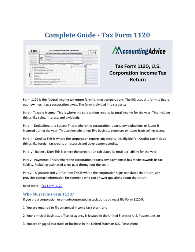 Complete Guide - Tax Form 1120 | PDF | Business Accounting & Finance ...