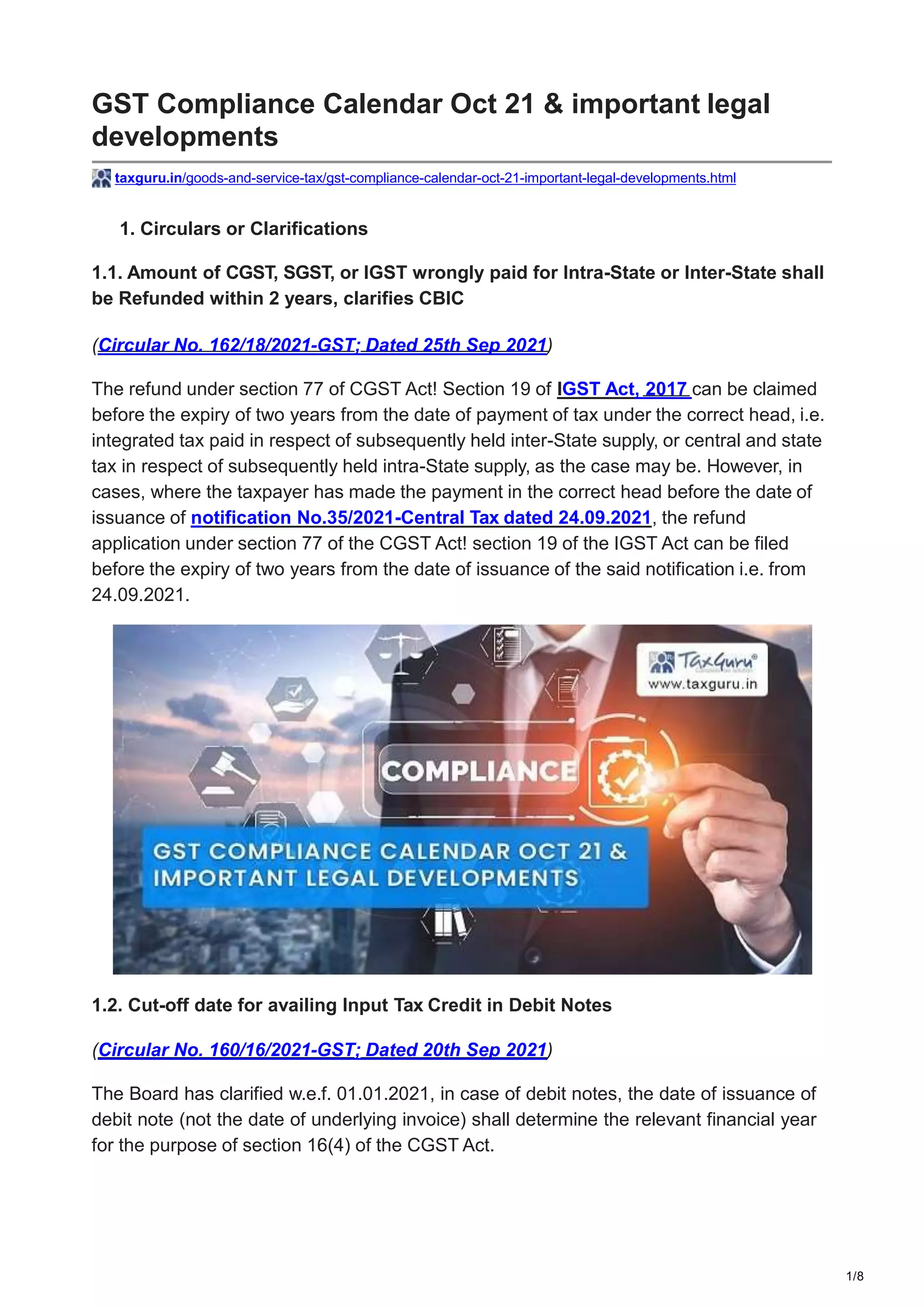 Taxguru.in gst compliance calendar oct 21 important legal developments | PDF