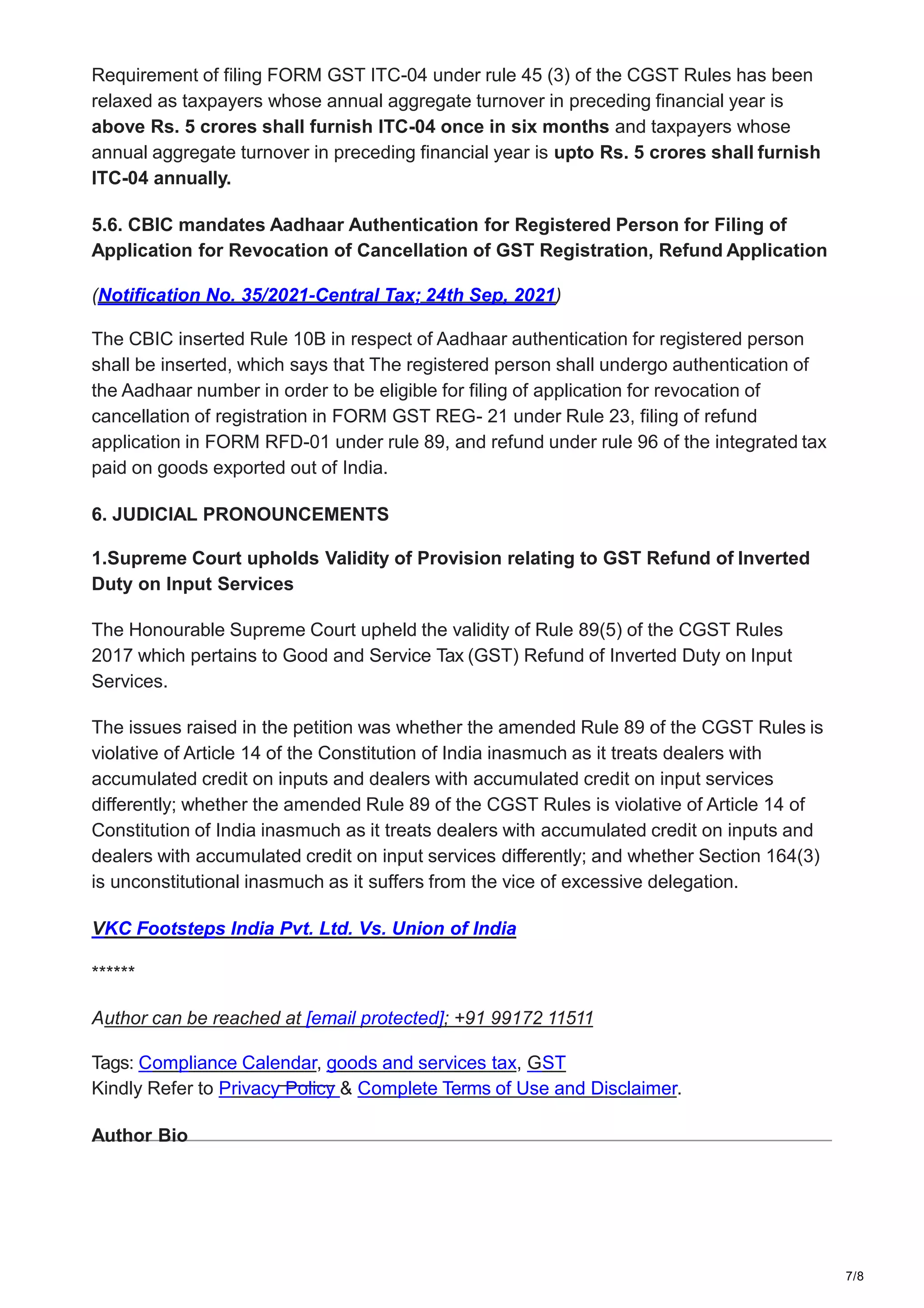 Taxguru.in gst compliance calendar oct 21 important legal developments | PDF
