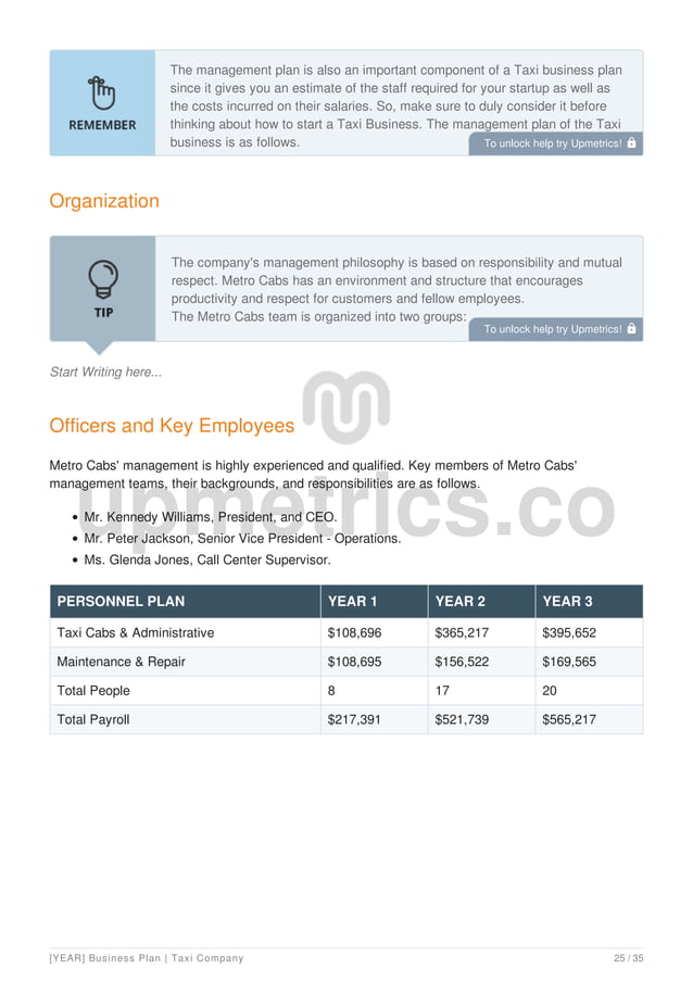 Taxi Company Business Plan Example | Upmetrics | PDF