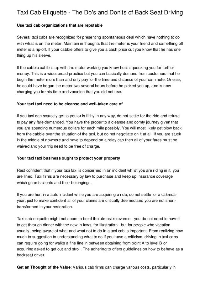 Taxi Cab Etiquette - The Do's and Don'ts of Back Seat Driving