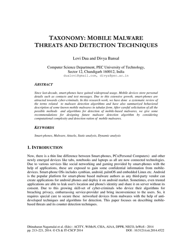 Taxonomy mobile malware threats and detection techniques | PDF