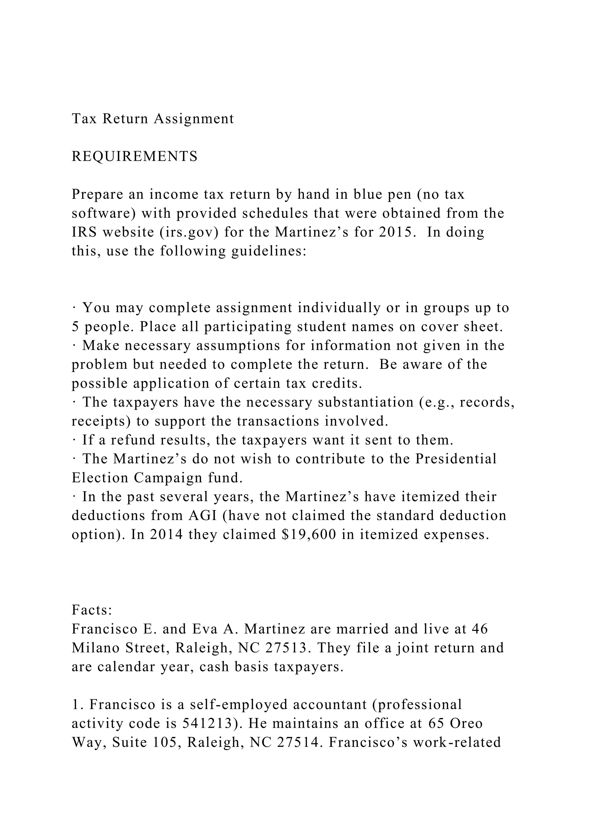 Tax Return Assignment REQUIREMENTSPrepare an income tax re.docx