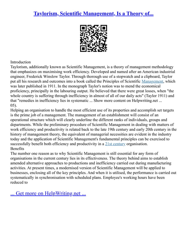 Taylorism, Scientific Management, Is A Theory Of... | PDF