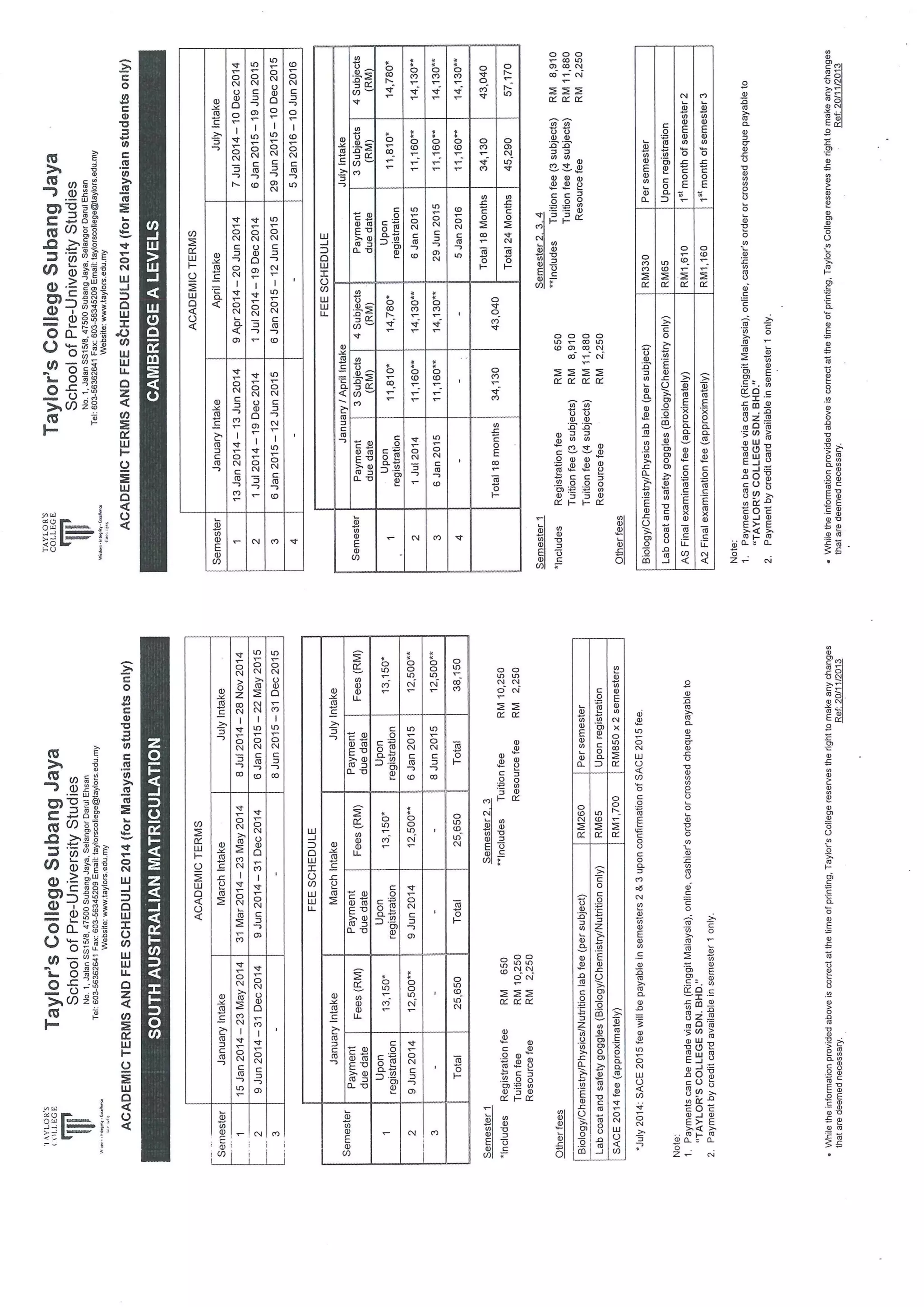 Taylor's College Subang Jaya Pre U Fee Structure A Level SAM CPU | PDF