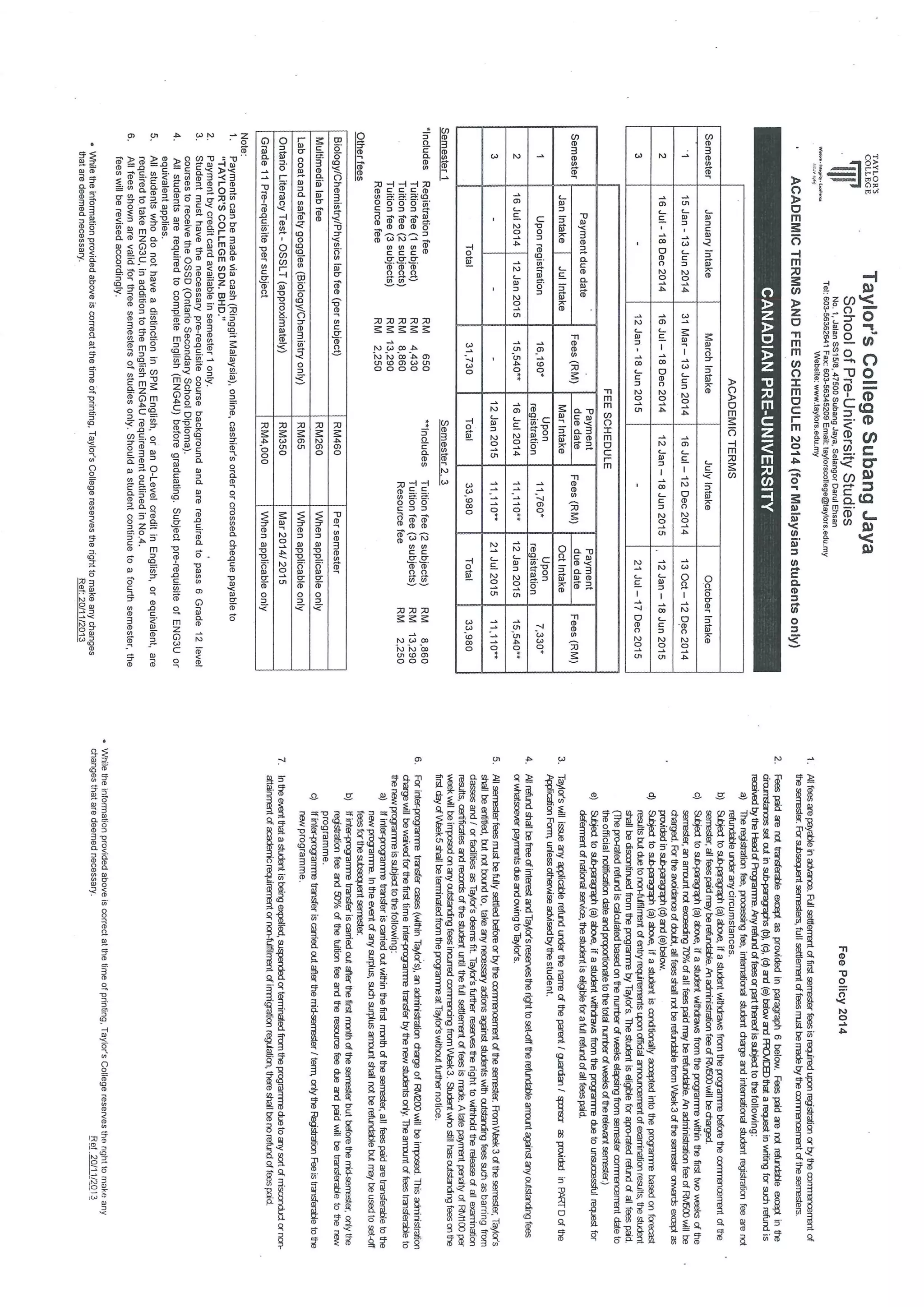 Taylor's College Subang Jaya Pre U Fee Structure A Level SAM CPU | PDF