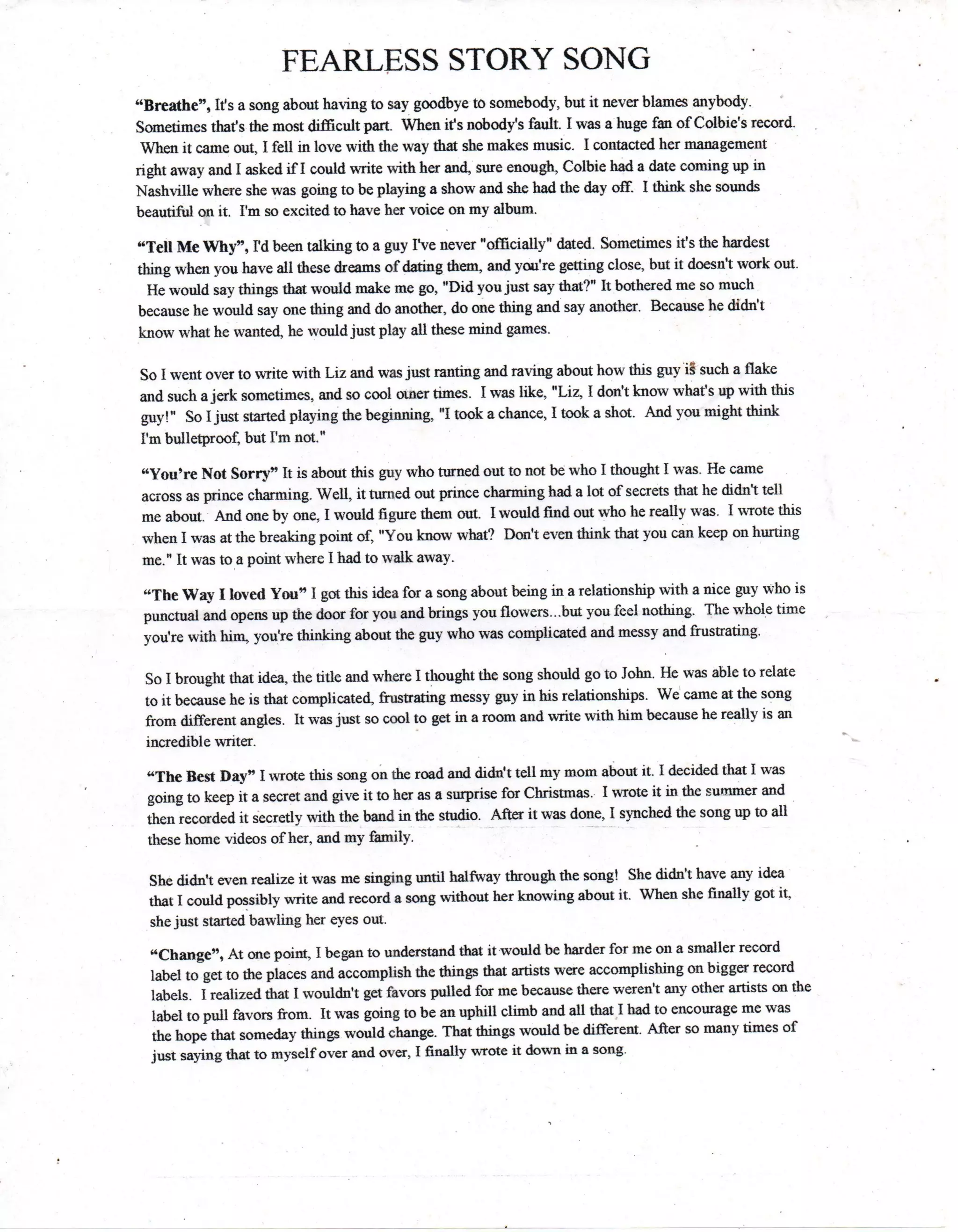 Taylor Swift Fearless (2008) Story Behind The Songs | PDF