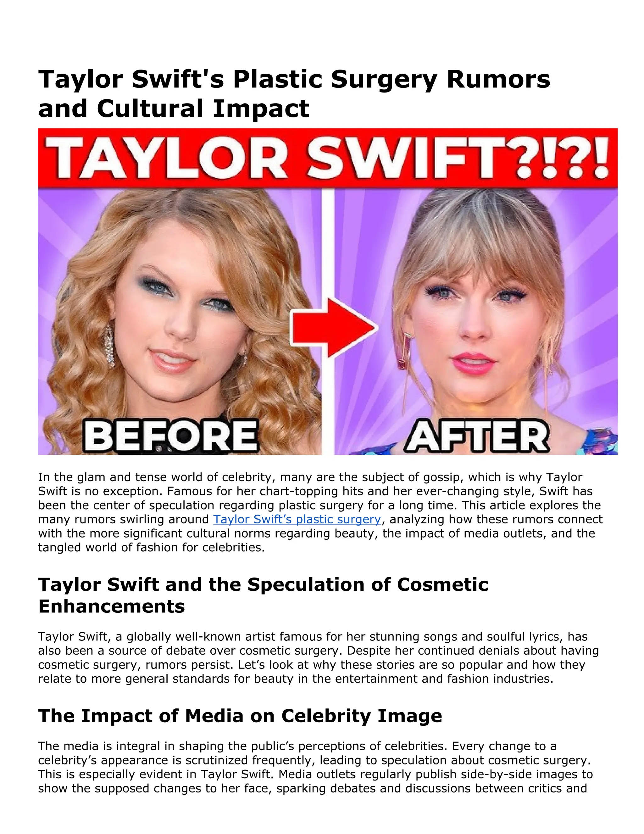 Taylor Swift's Plastic Surgery Rumors and Cultural Impact | DOCX