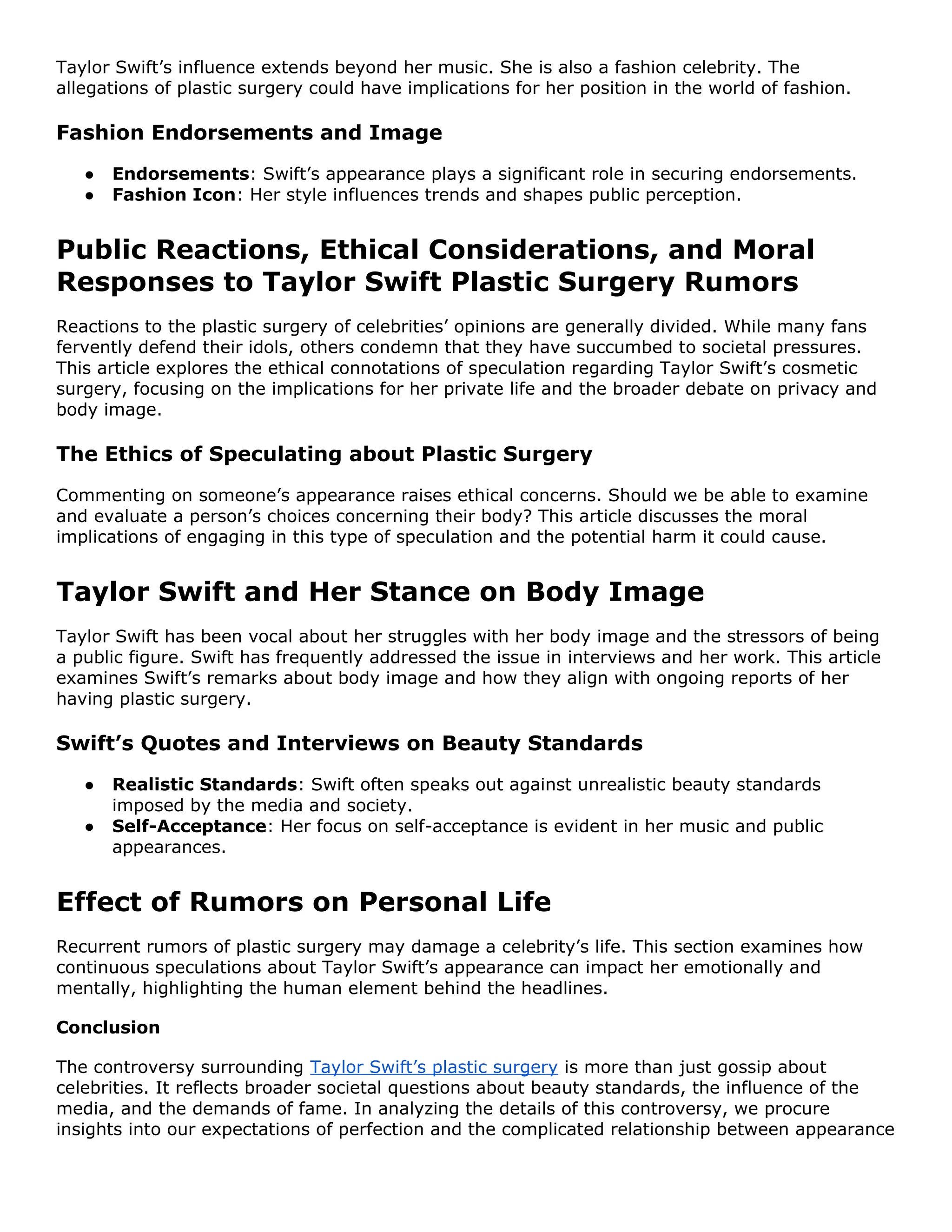 Taylor Swift's Plastic Surgery Rumors and Cultural Impact | DOCX