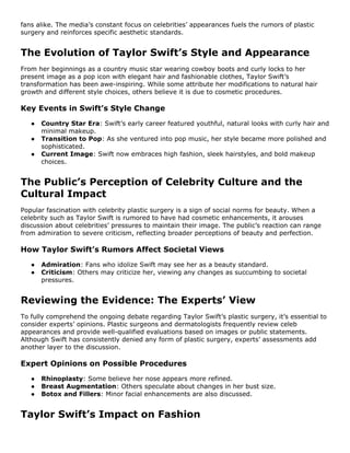 Taylor Swift's Plastic Surgery Rumors and Cultural Impact | PDF