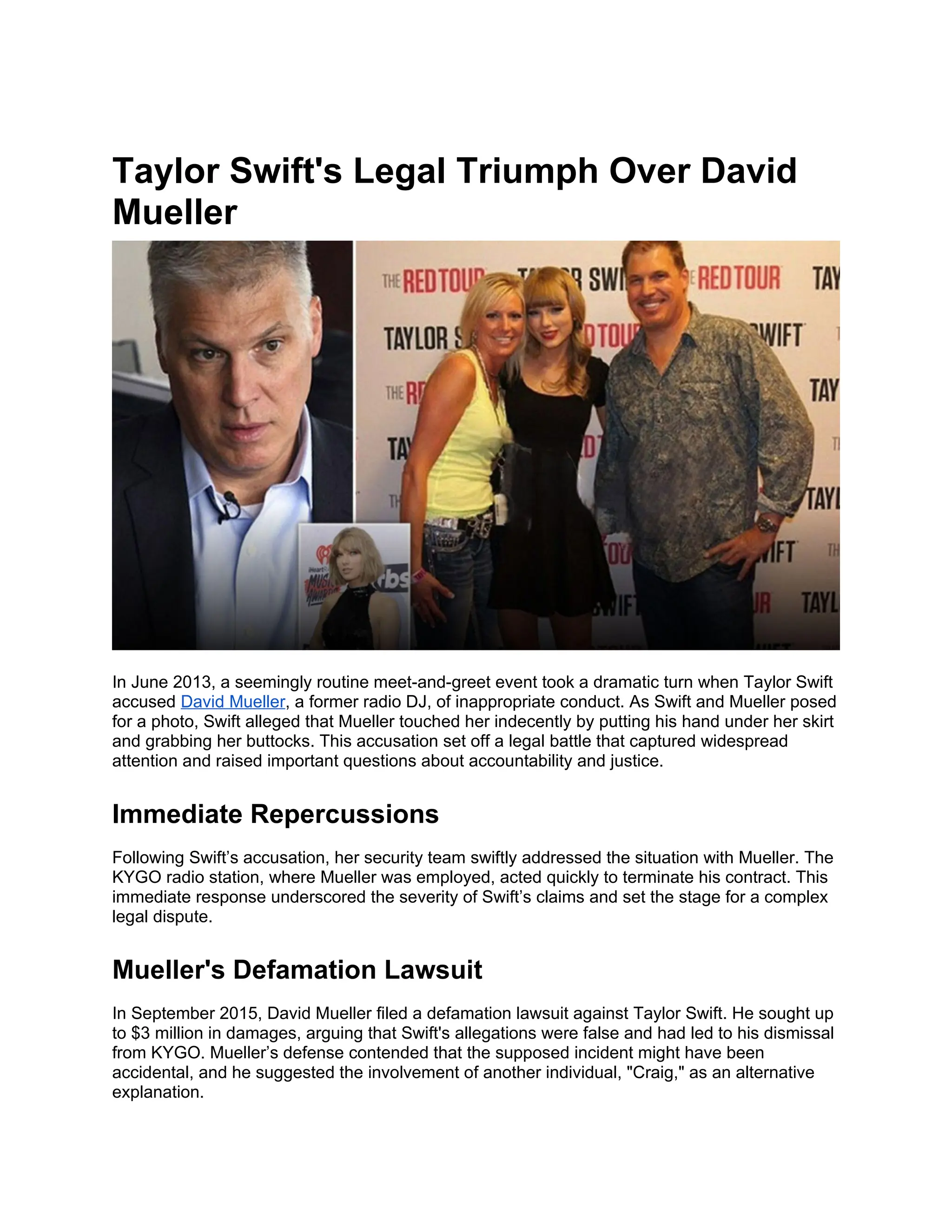 Taylor Swift's Legal Triumph Over David Mueller | PDF
