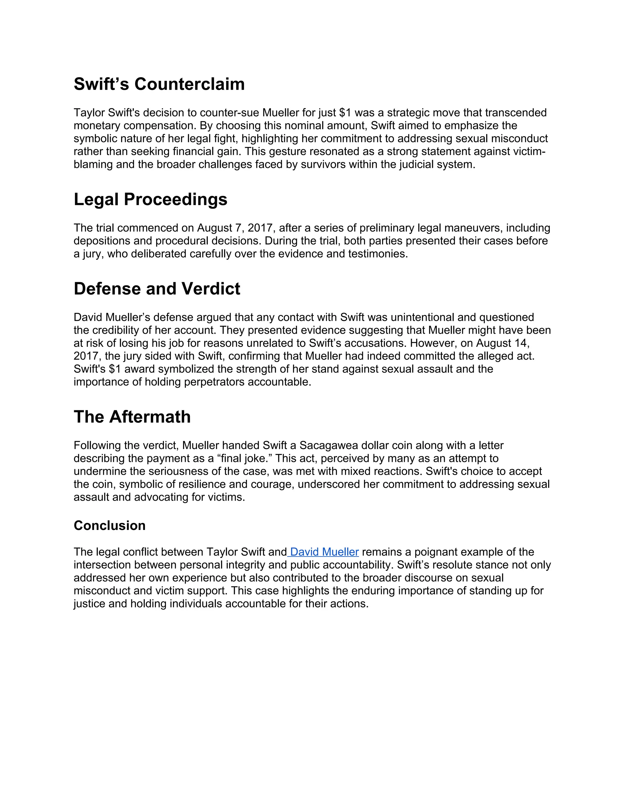 Taylor Swift's Legal Triumph Over David Mueller | PDF