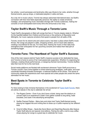 Taylor Swift Toronto: Best Spots for Fans to Celebrate Her Arrival | PDF