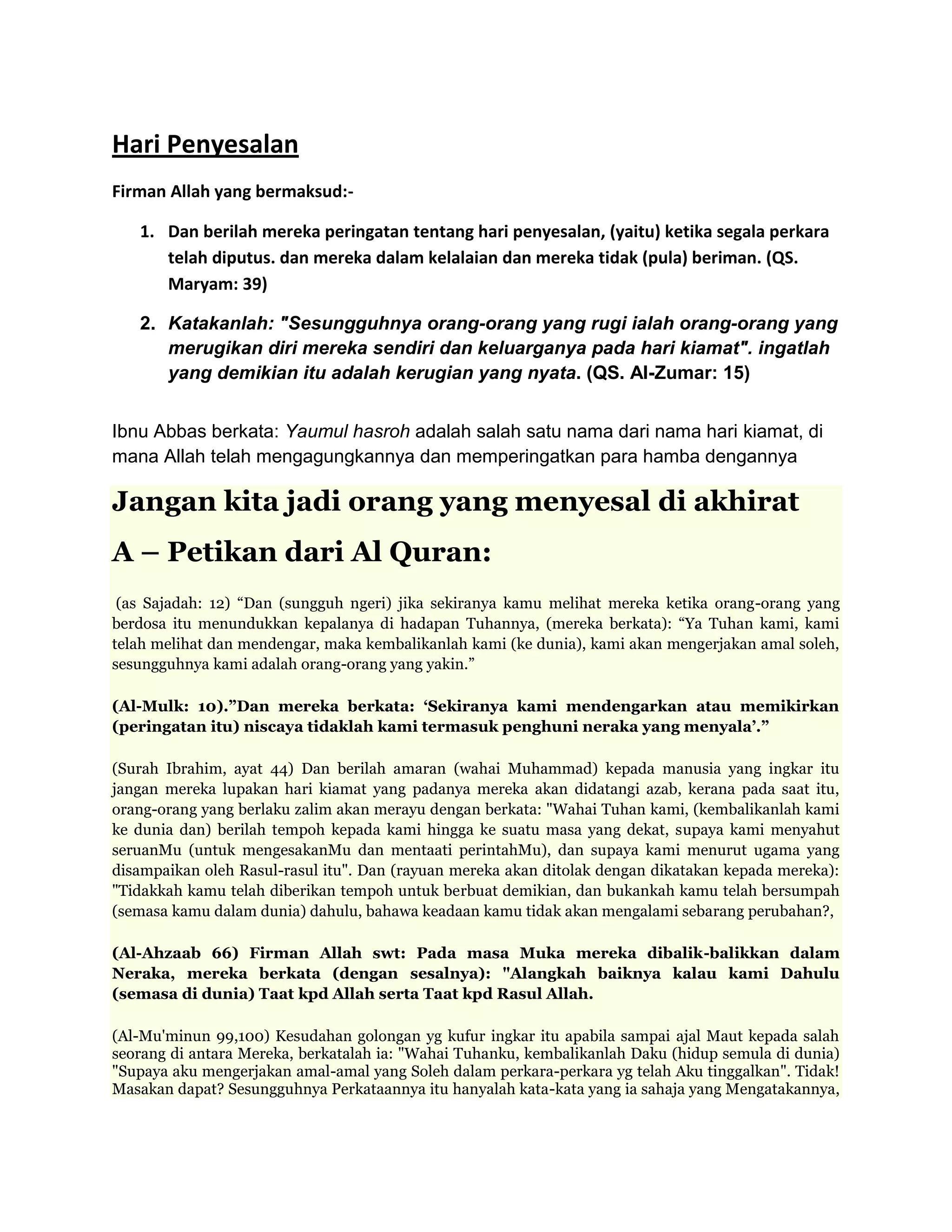 Tazkirah orang yang menyesal di akhirat | DOCX