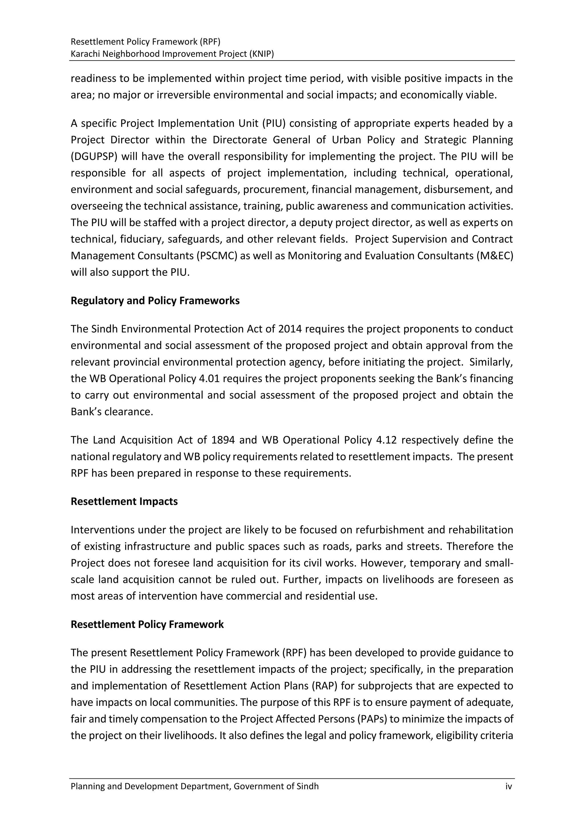 Resettlement Policy Framework - Karachi Neighborhood Improvement Project (KNIP) | PDF