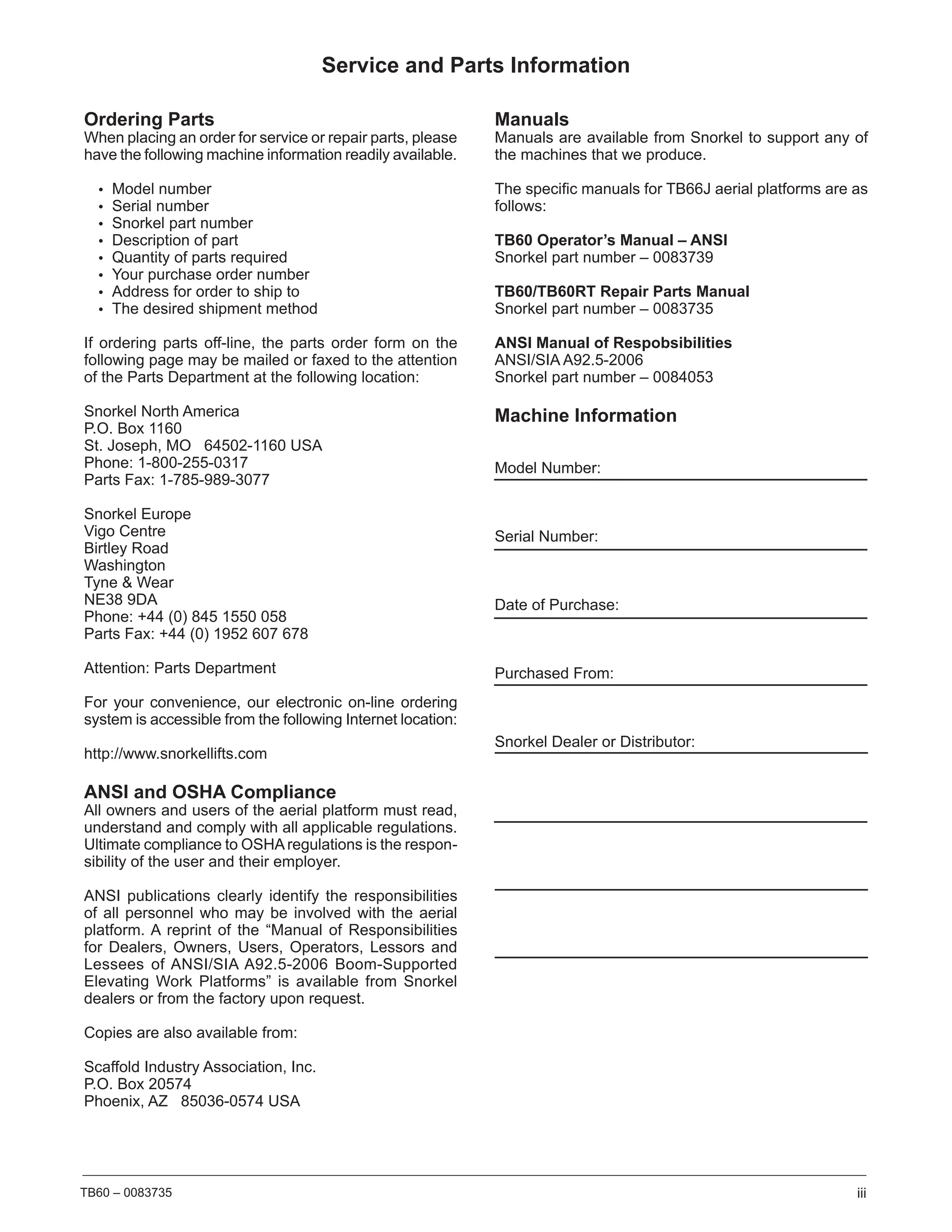 Snorkel TB60 Parts Breakdowns, electrical and mechanical | PDF