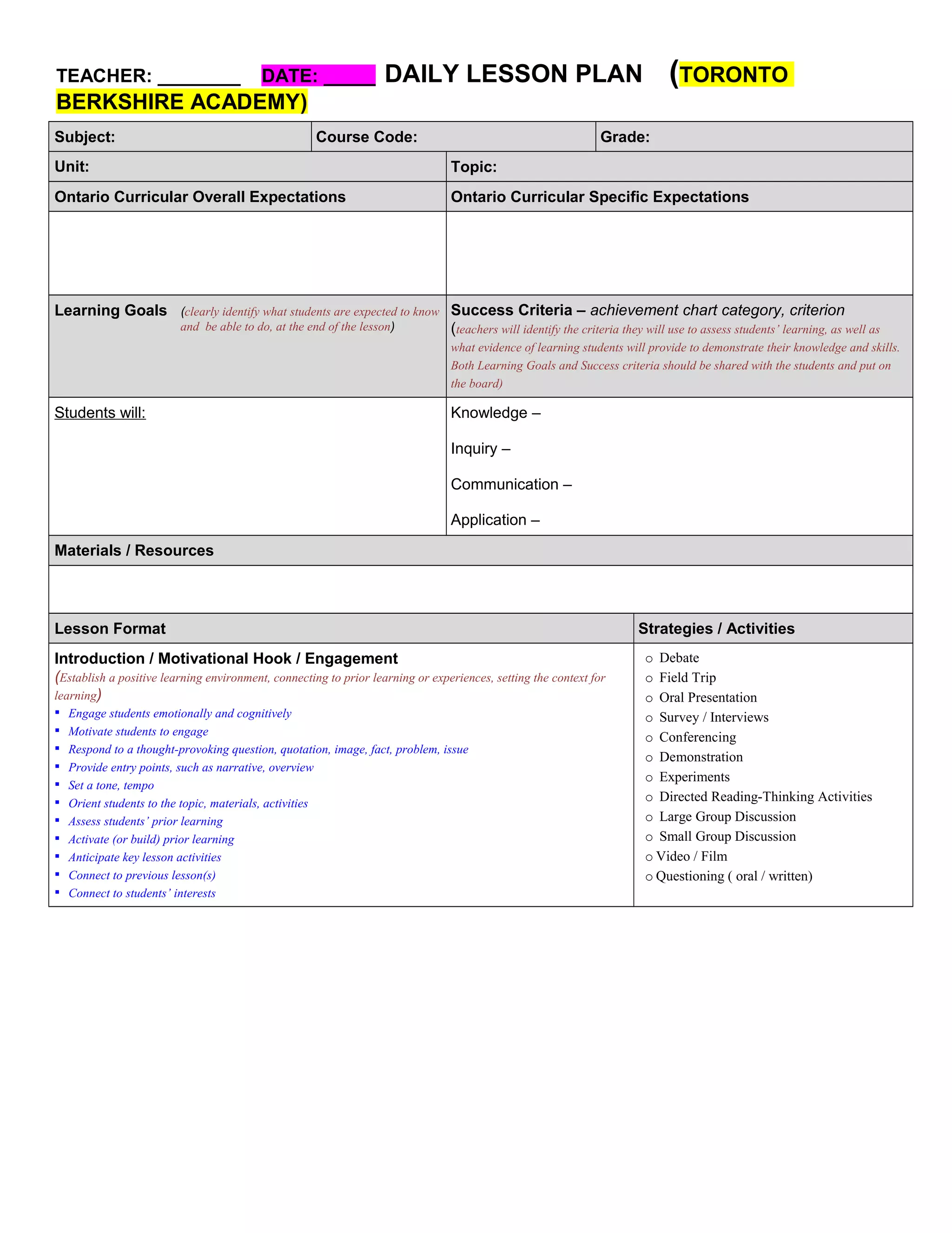 Toronto Berkshire Academy lesson plan template | DOC