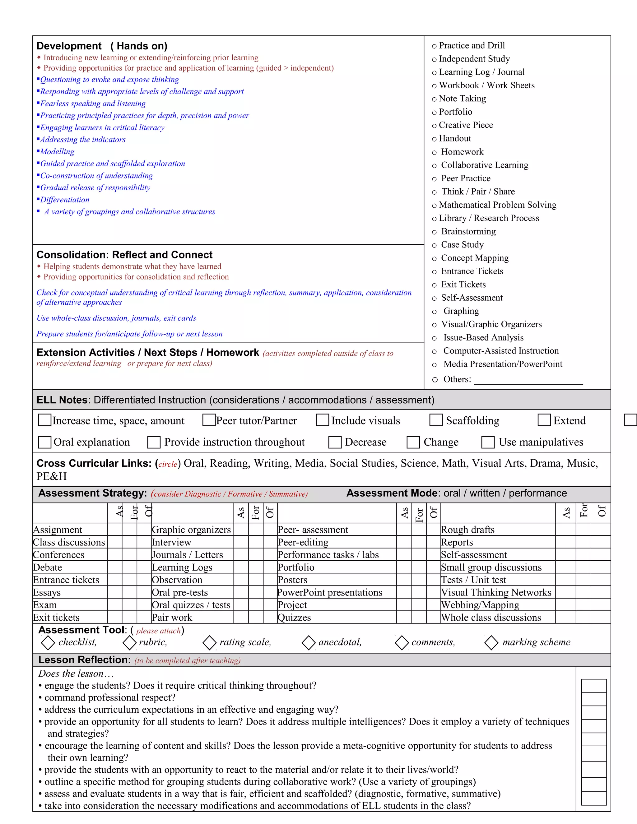 Toronto Berkshire Academy lesson plan template | DOC