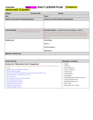 Toronto Berkshire Academy lesson plan template | DOC