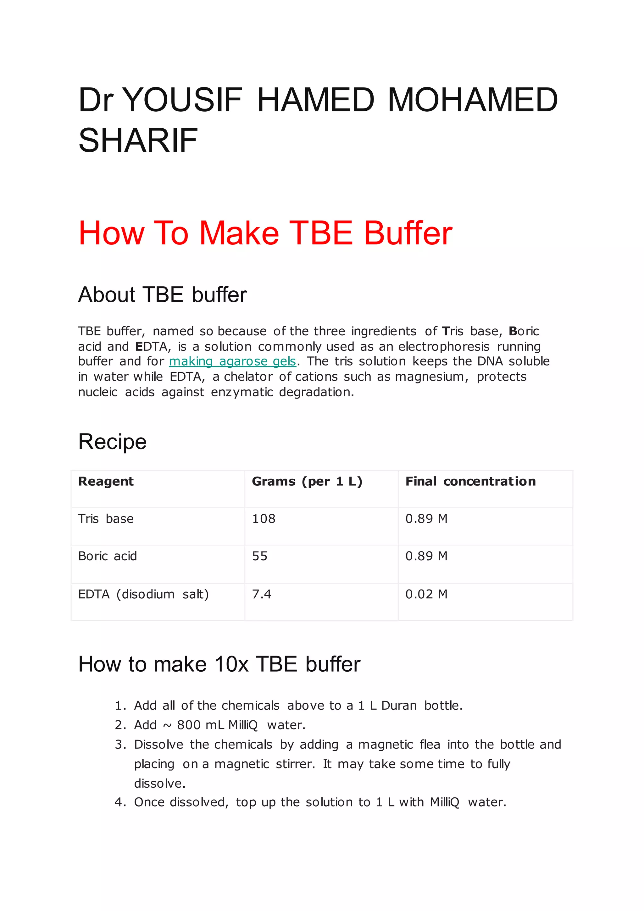 HOW TO MAKE TBE Buffer , Dr YOUSIF | DOCX